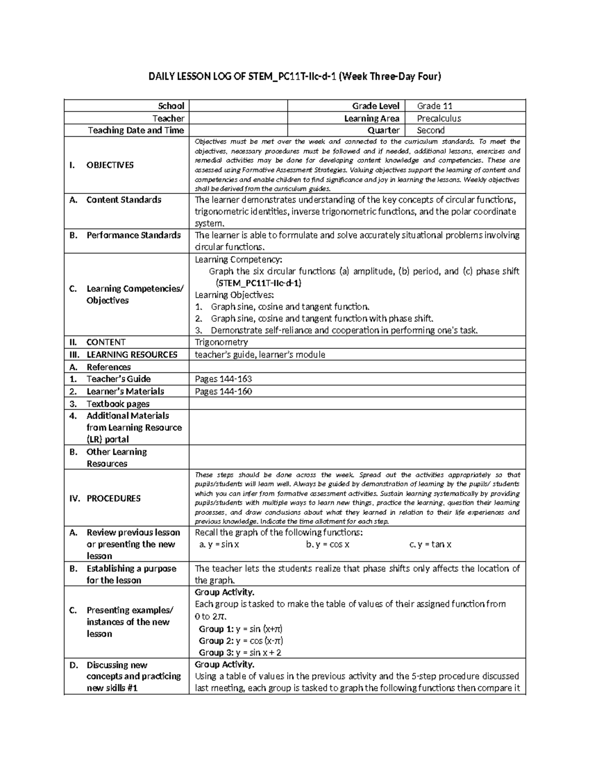 PC II-12 - lesson log pre calculus - DAILY LESSON LOG OF STEM_PC11T-IIc ...