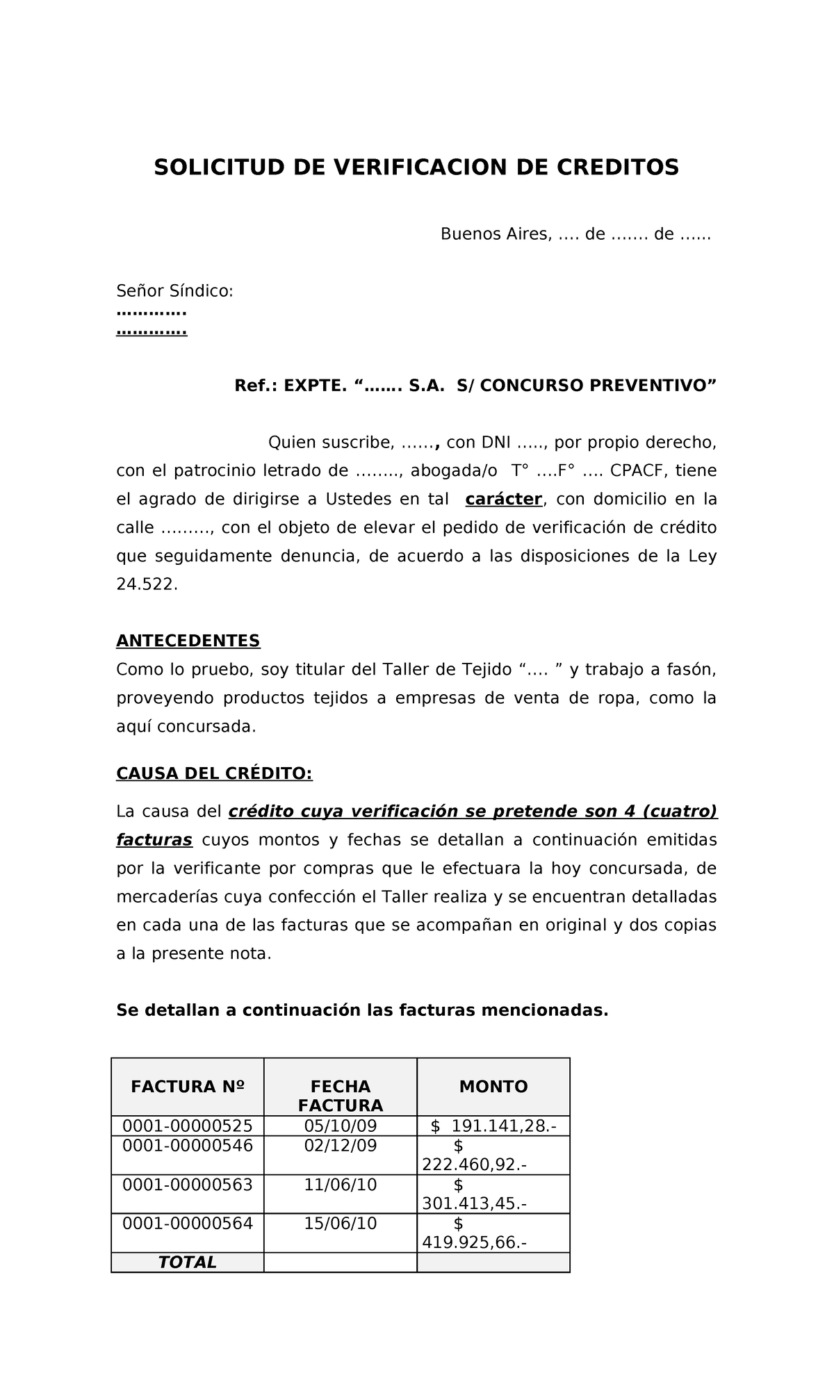 Solicitud Verificacion DE Creditos - SOLICITUD DE VERIFICACION DE CREDITOS Buenos Aires, .... de ...