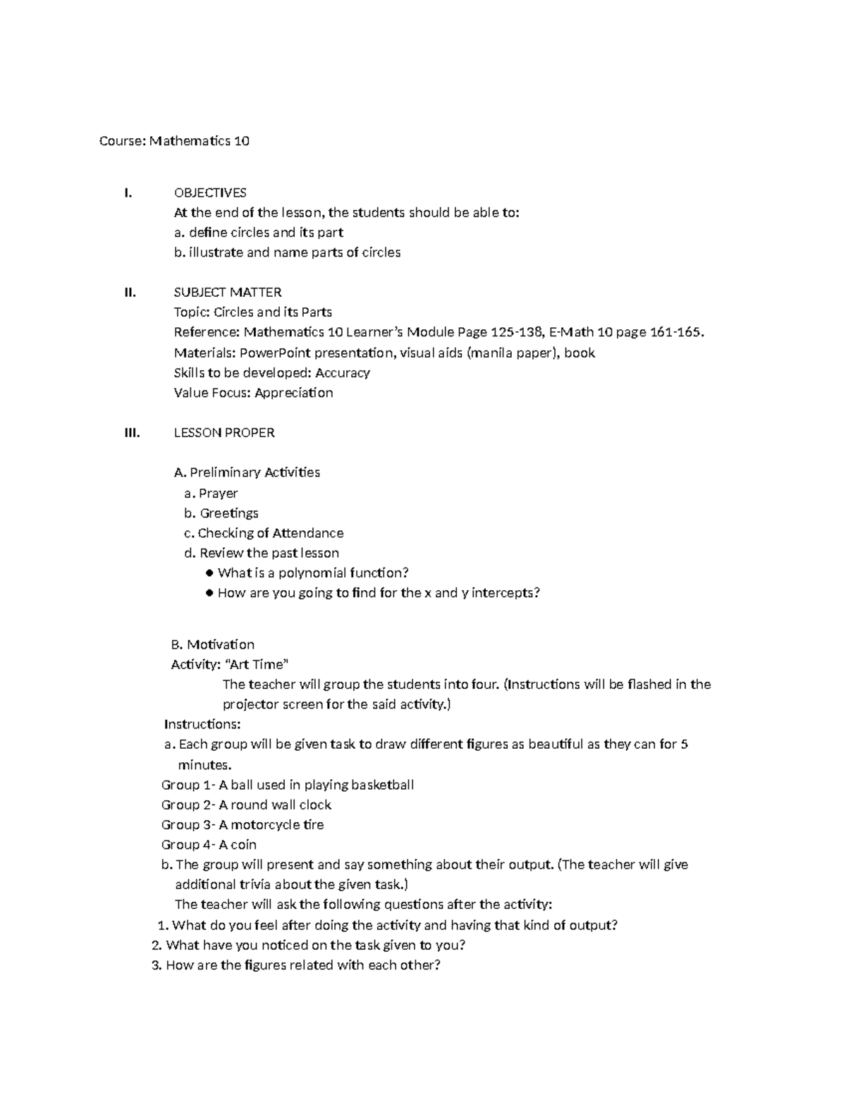 LP circles and its part - Lesson plan - Course: Mathematics 10 I ...