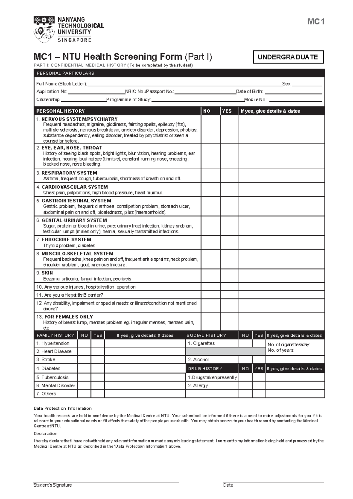 Form - MC1 - menu - MC1 – NTU Health Screening Form (Part I) PART I ...
