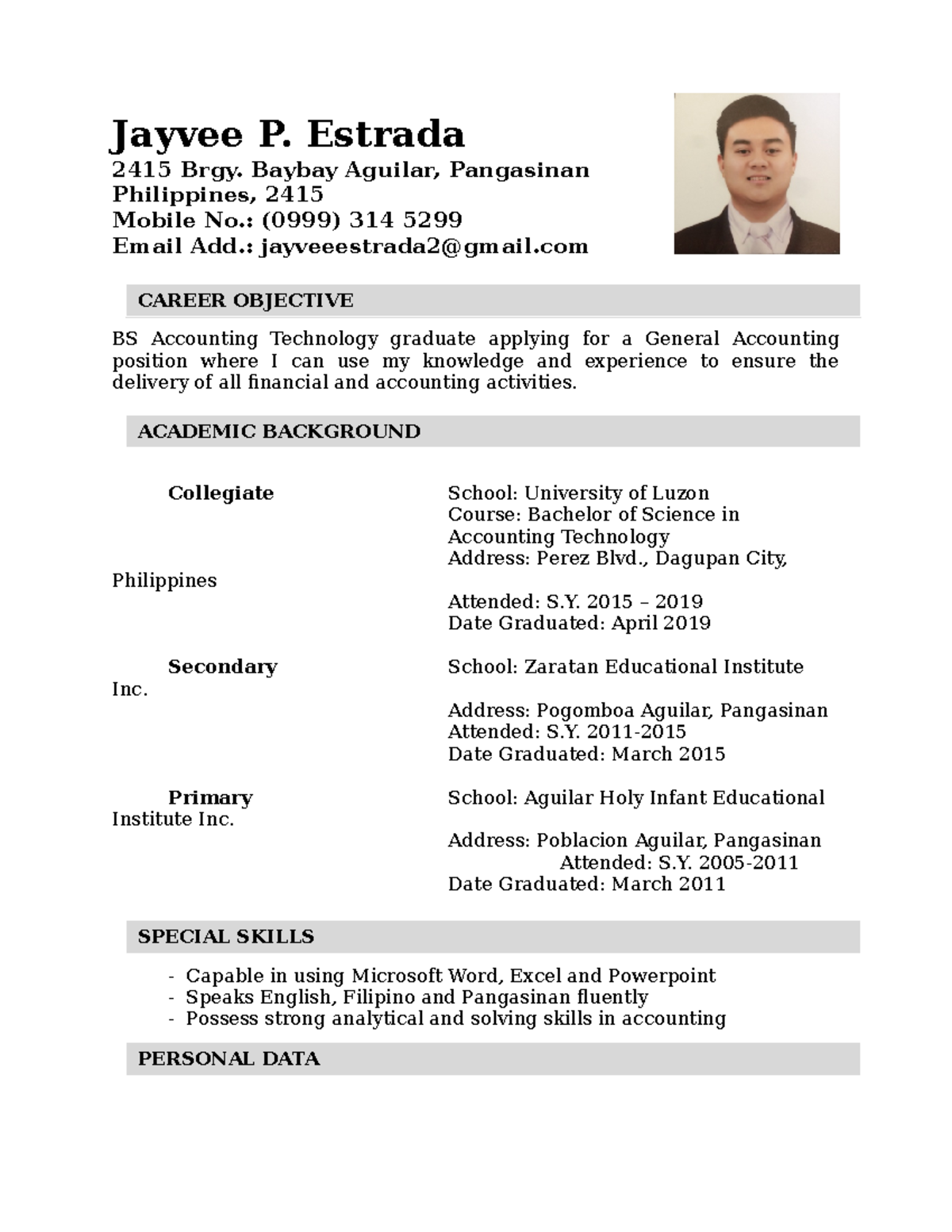 Jayvee Resume Jayvee P Estrada 2415 Brgy Baybay Aguilar 