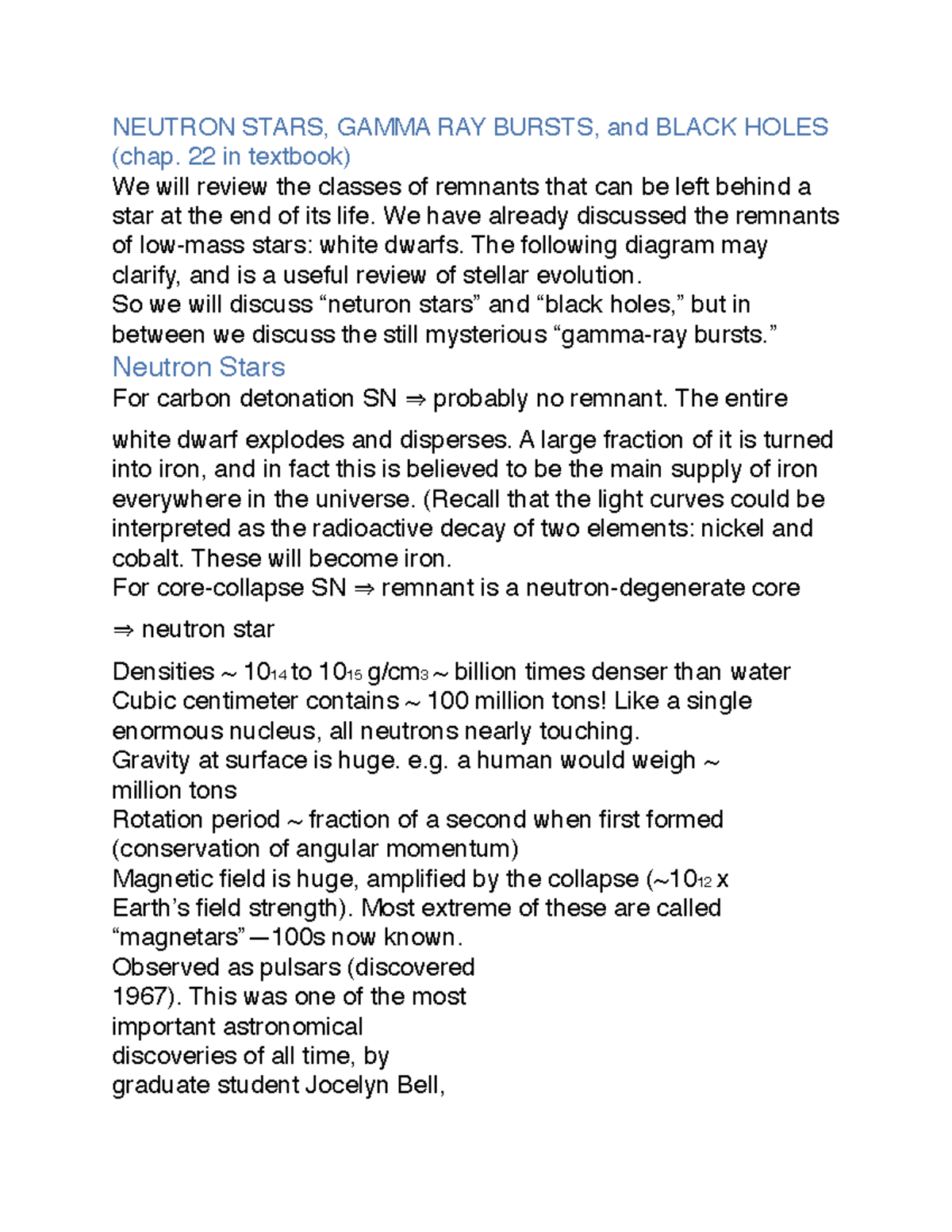 Astr 22 - astronomy lecture notes 22 - NEUTRON STARS, GAMMA RAY BURSTS ...