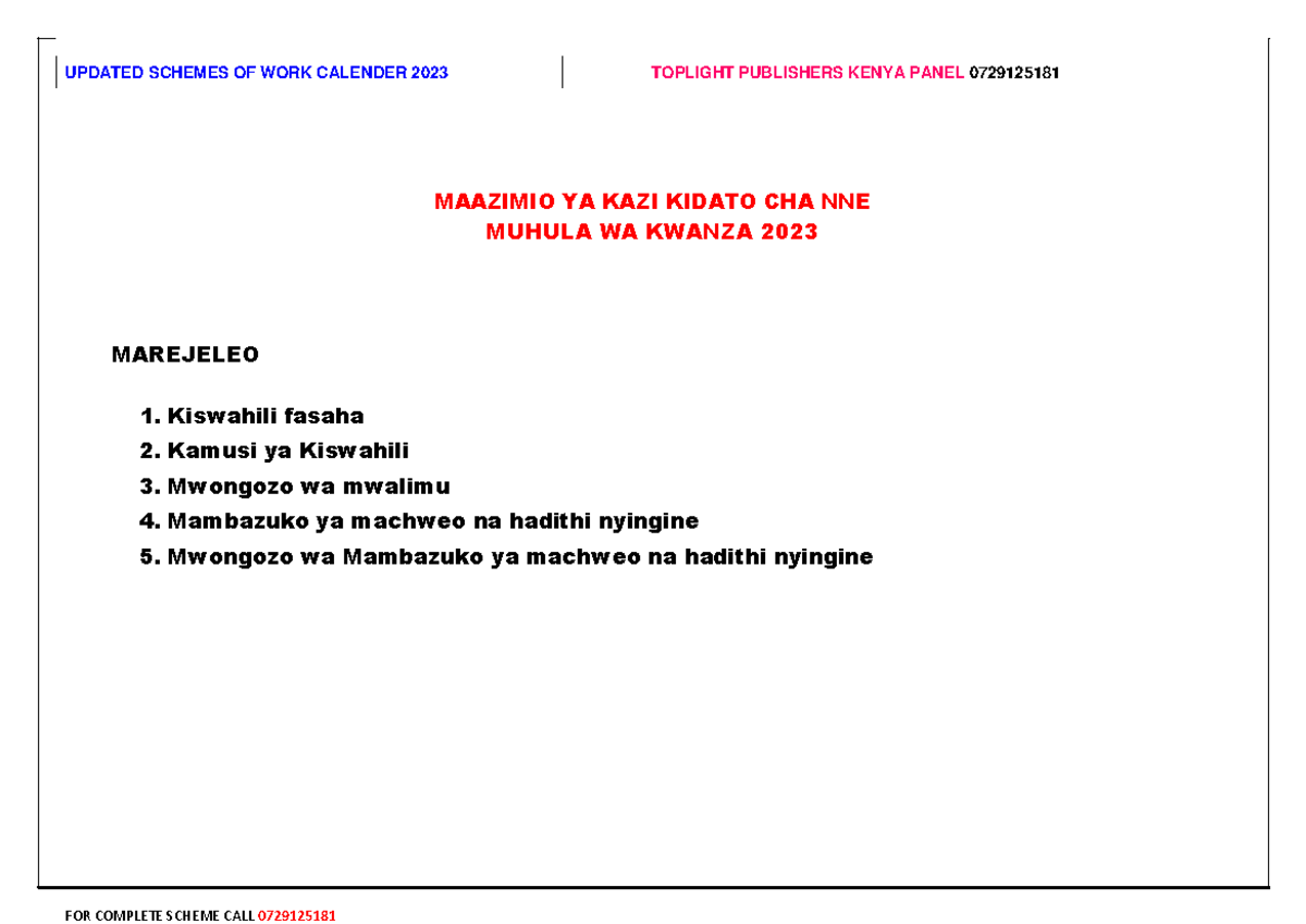 KIS F1-4 SOW 2023 - Dr. Adika Stanley - MAAZIMIO YA KAZI KIDATO CHA NNE MUHULA WA KWANZA 2023 ...