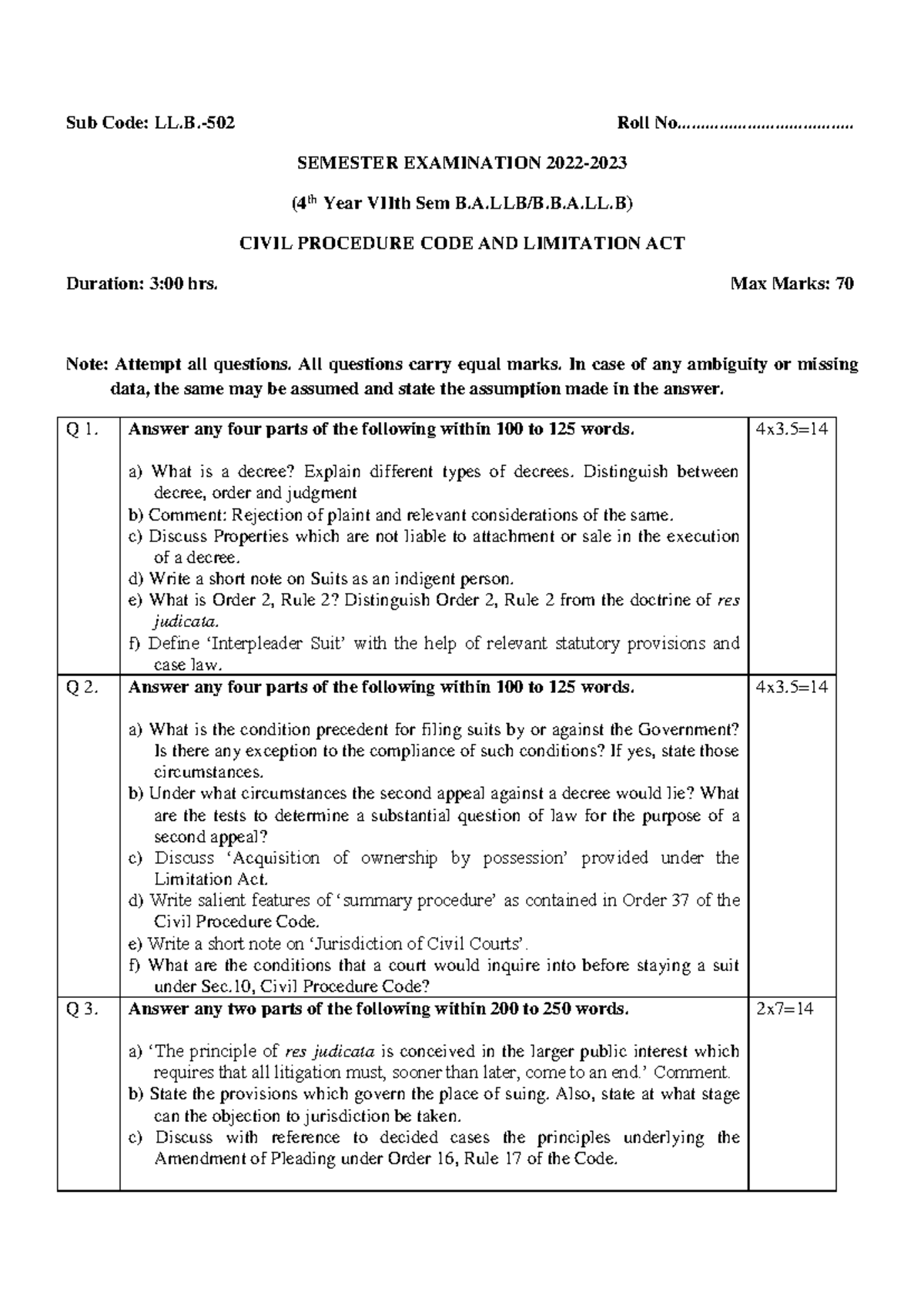 Civil Procedure CODE AND Limitation ACT - Sub Code: LL.-502 Roll - Studocu