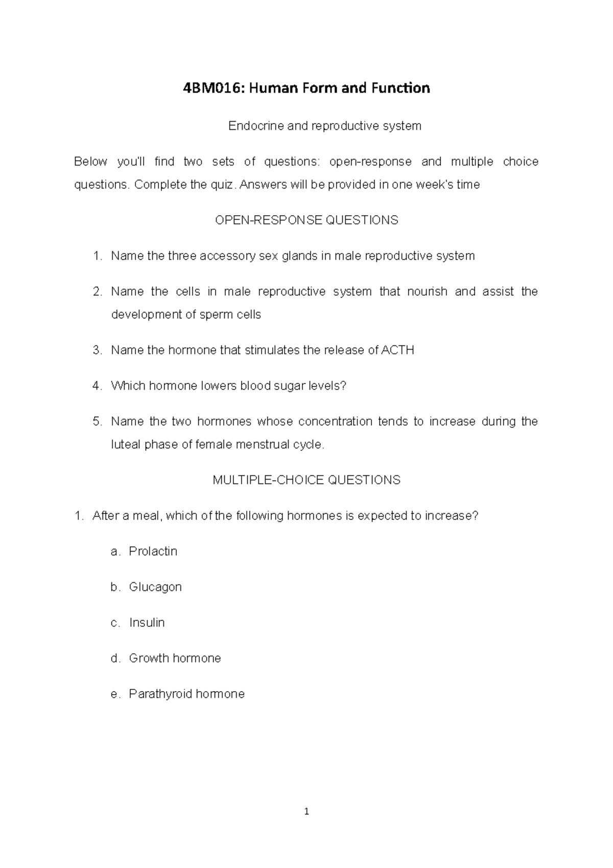 Endocrine Reproduction Test - 4BM016: Human Form and Function Endocrine ...