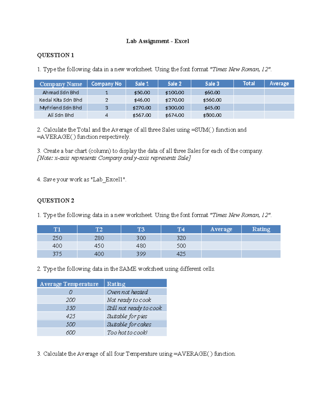 Lab Assignment - Excel - Lab Assignment - Excel QUESTION 1 1. Type the ...