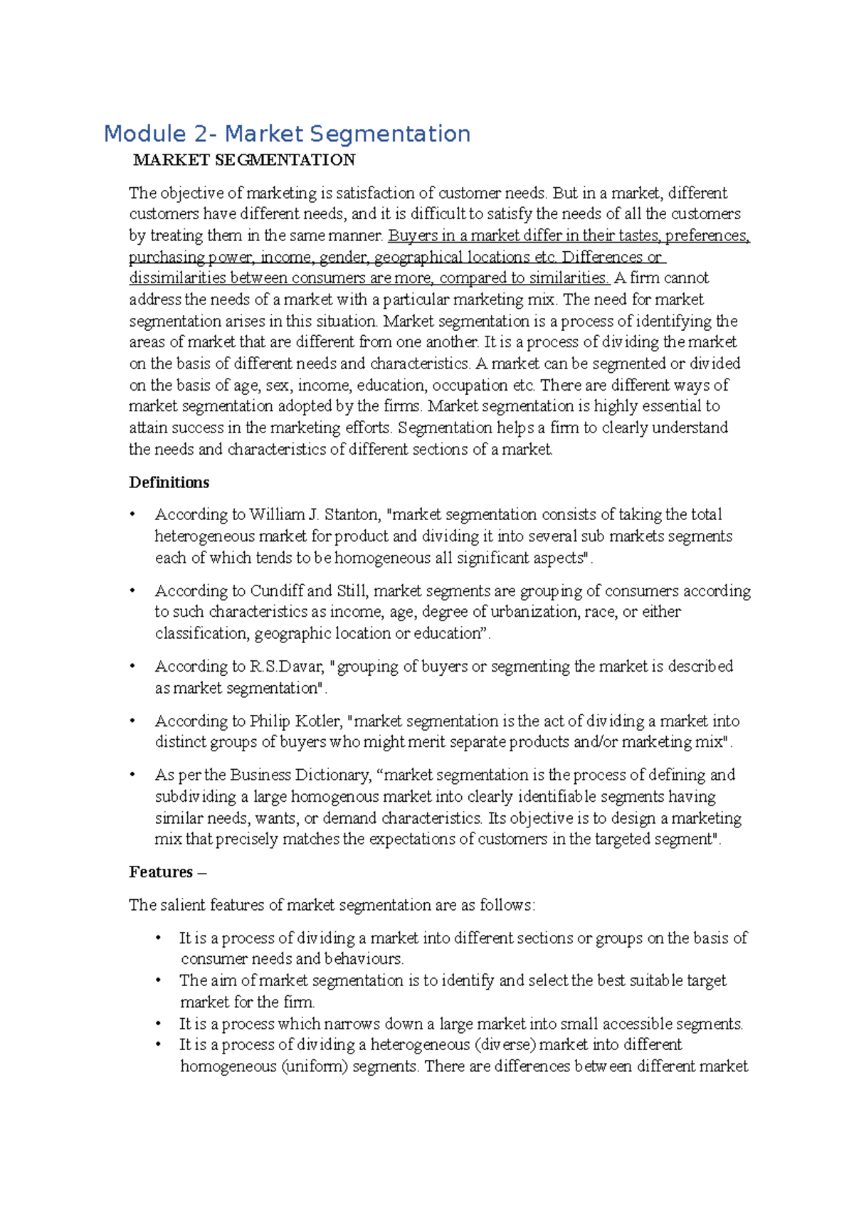 Market segmentation - Module 2- Market Segmentation MARKET SEGMENTATION The objective of ...