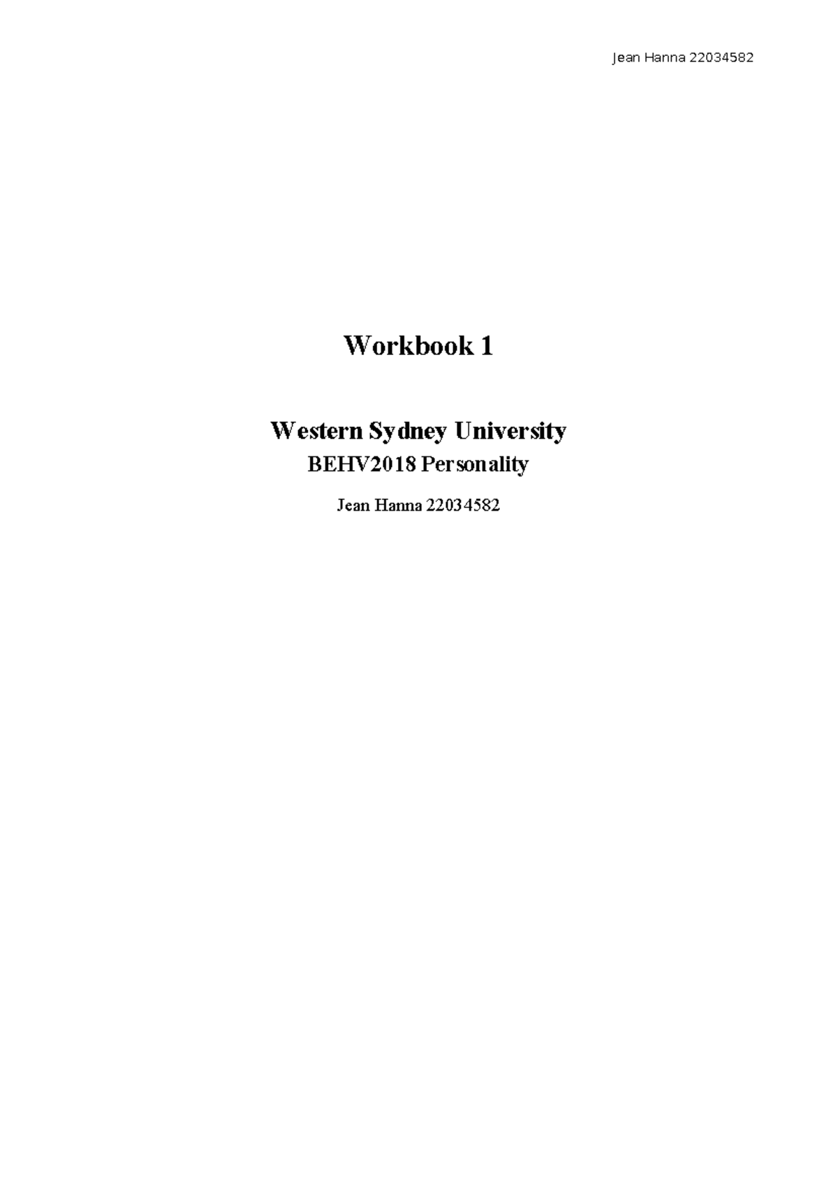 Workbook 1 - Jean Hanna 22034582 Workbook 1 Western Sydney University ...