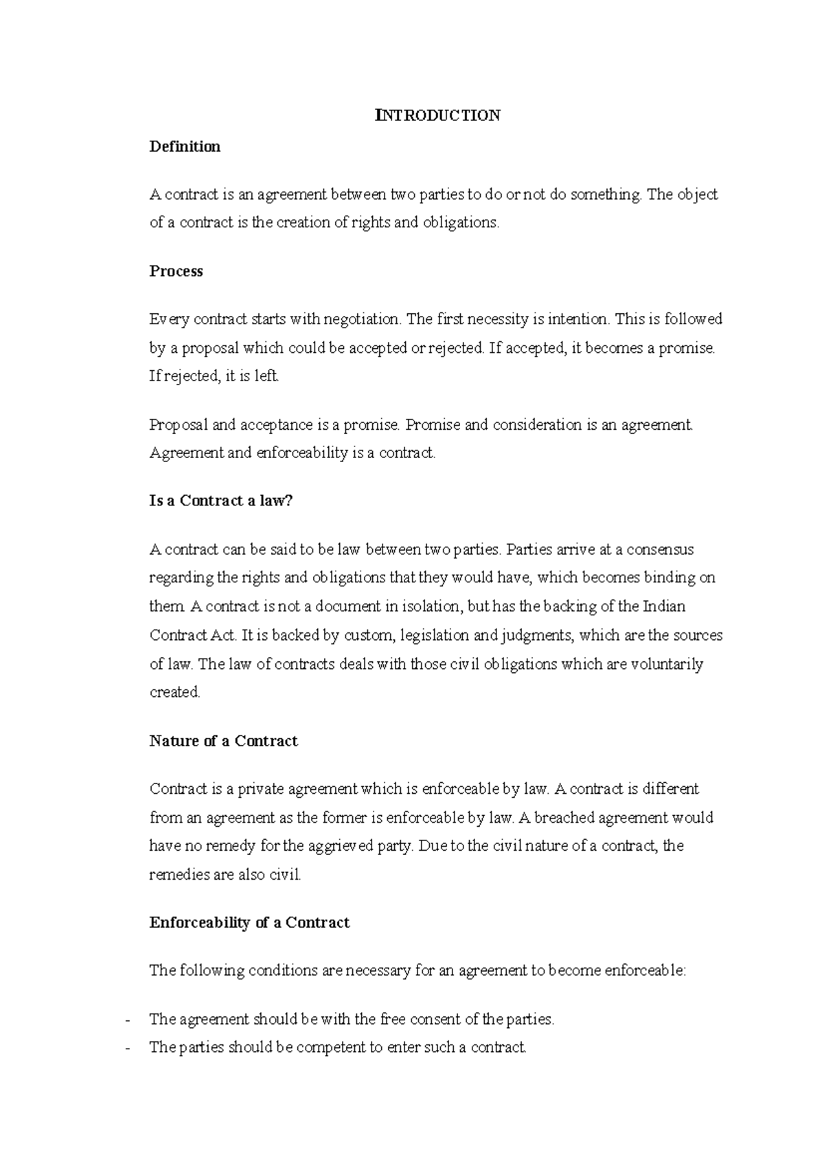 Contract-4 - lecture notes of semester 2 - INTRODUCTION Definition A ...