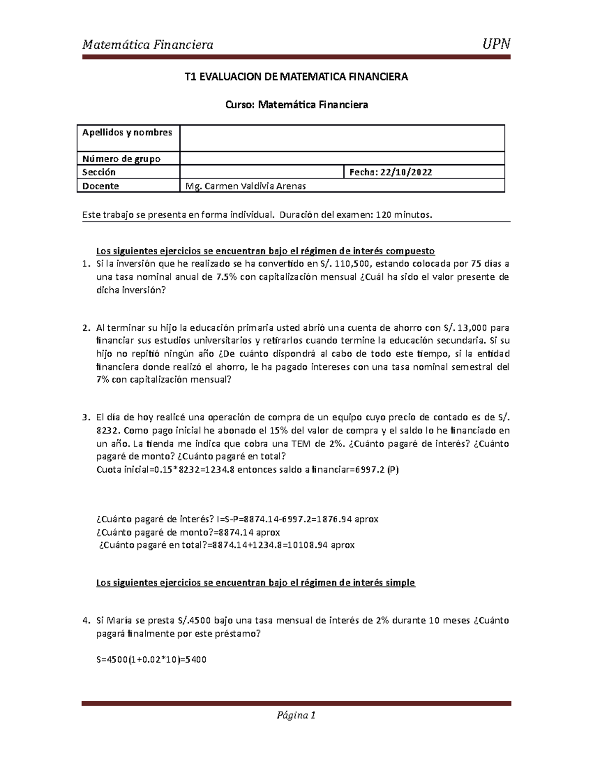 T1 Matematica Financiera Octubre Solucion DEL Examen - Matemática Financiera UPN T1 EVALUACION ...