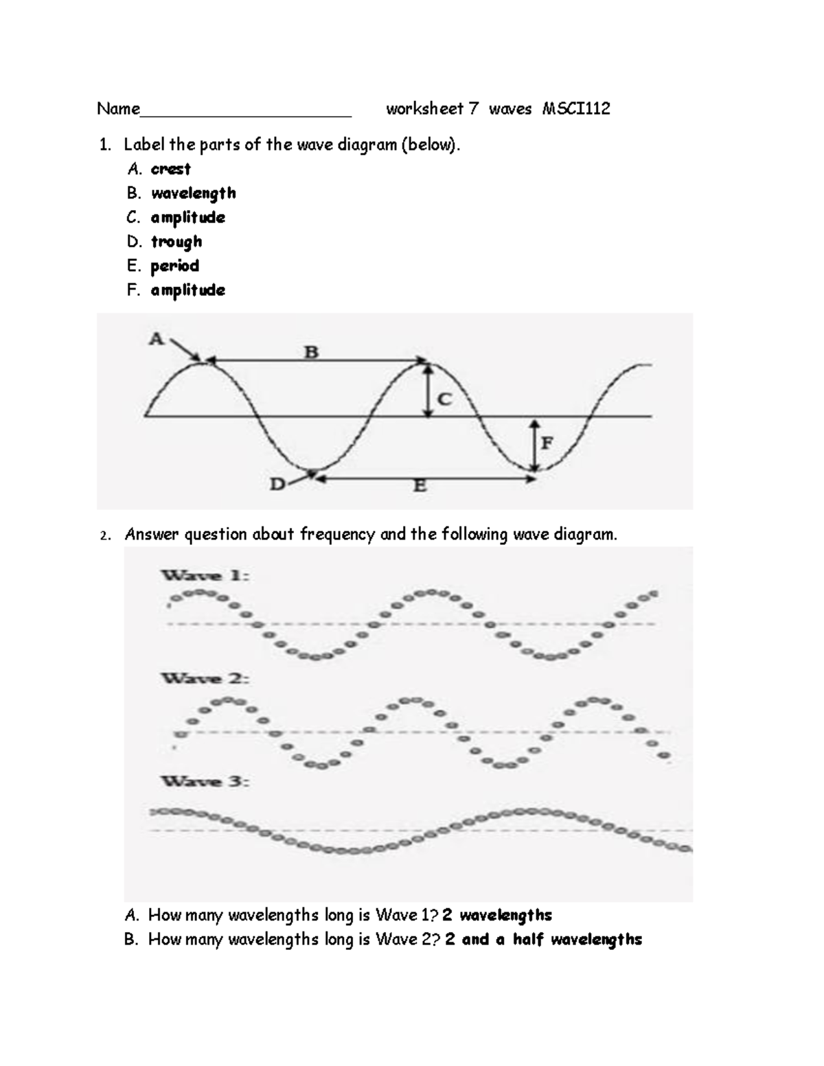 7a Homework waves - Name_____________________ worksheet 7 waves MSCI 1 ...