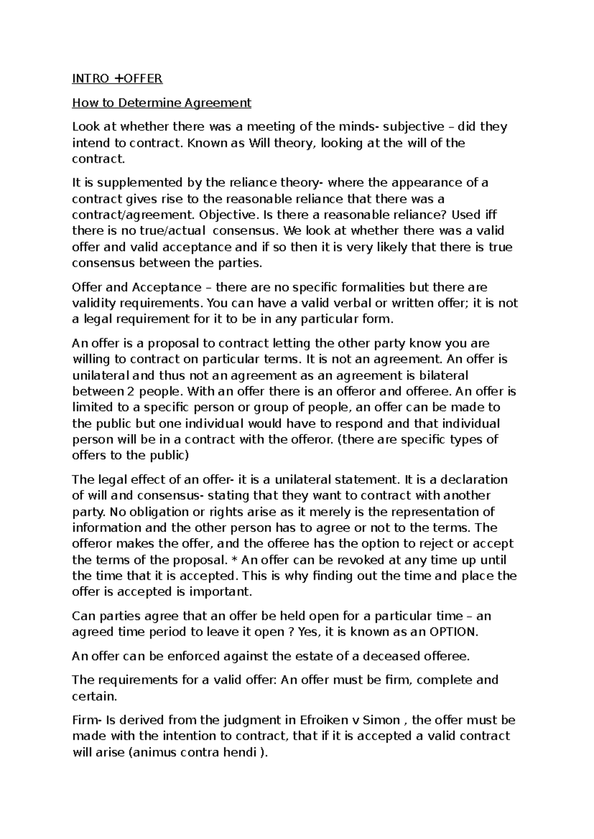 Contract Week 2 - Intro - INTRO +OFFER How to Determine Agreement Look at whether there was a ...