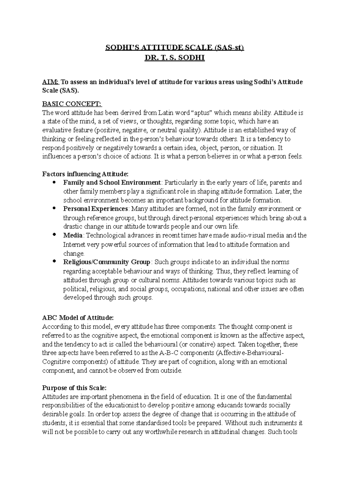 SAS- Report - SODHI’S ATTITUDE SCALE (SAS-st) DR. T. S. SODHI AIM: To ...