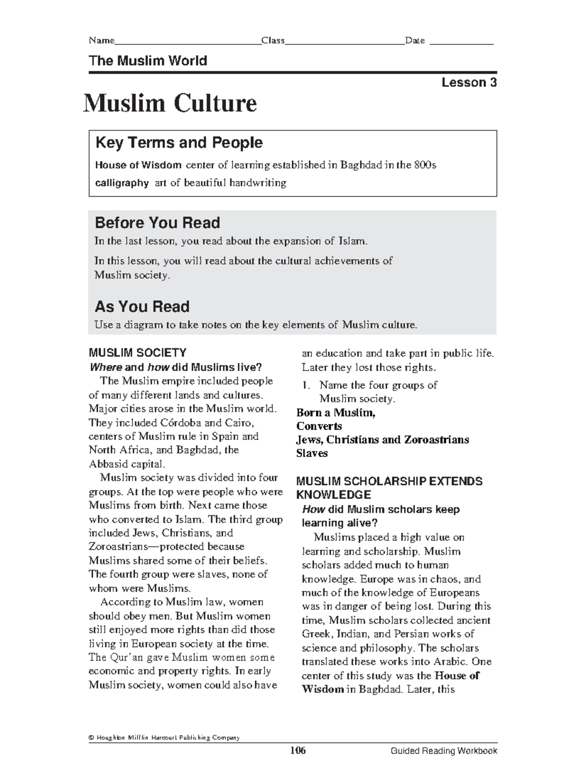 Muslim Culture - © Houghton Mifflin Harcourt Publishing Company Before ...