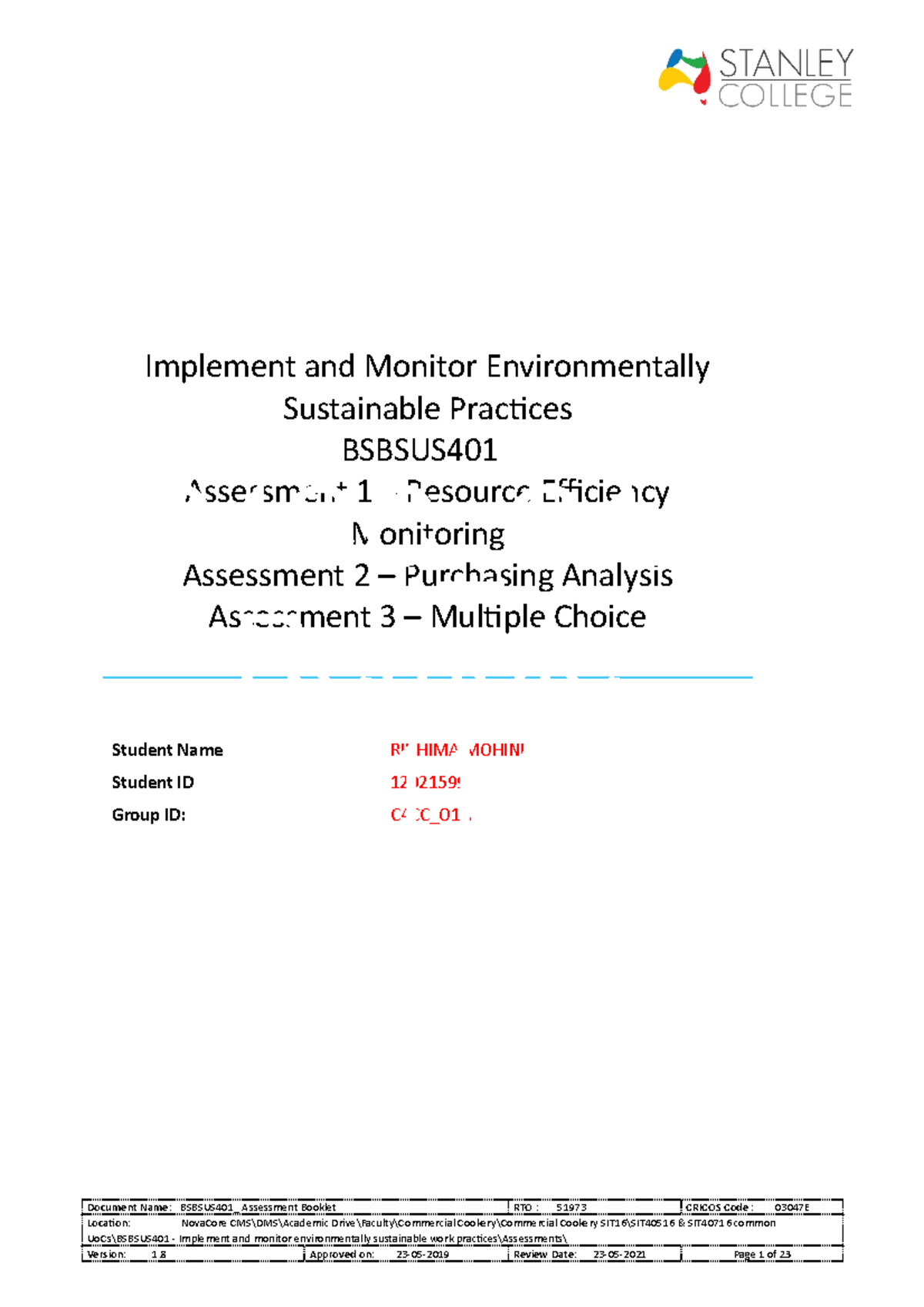 Bsbsus 401 Assessment Booklet - Implement and Monitor Environmentally ...