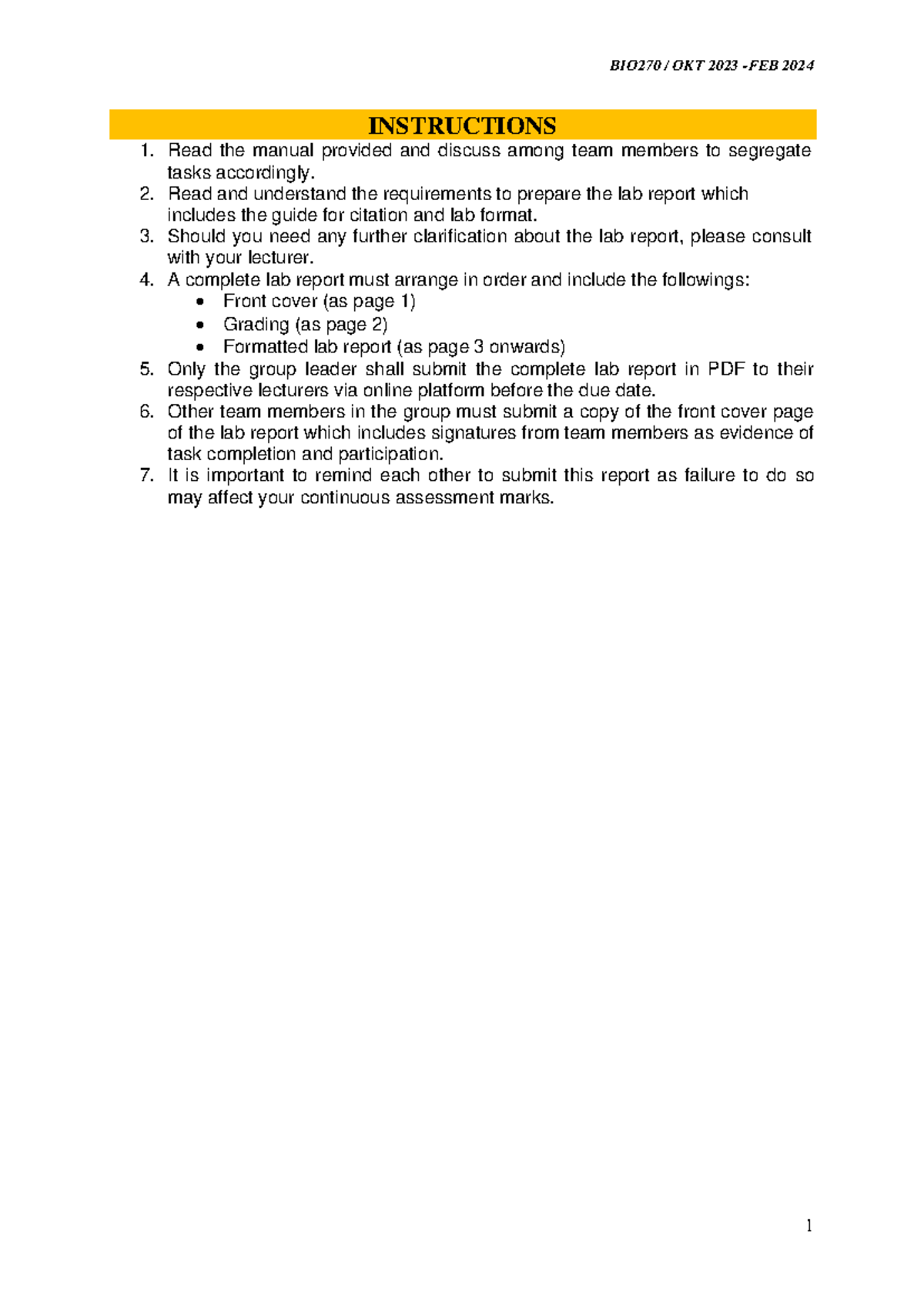 LAB Report Guideline AND Checklist - BIO270 / OKT 202 3 - FEB 2024 1 ...