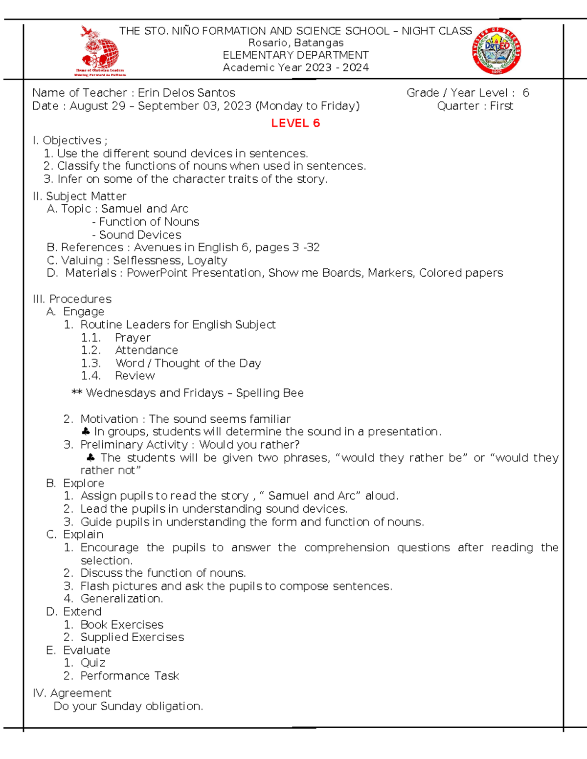 1- Lesson Planning-ELEM - THE STO. NIÑO FORMATION AND SCIENCE SCHOOL – NIGHT CLASS Rosario ...