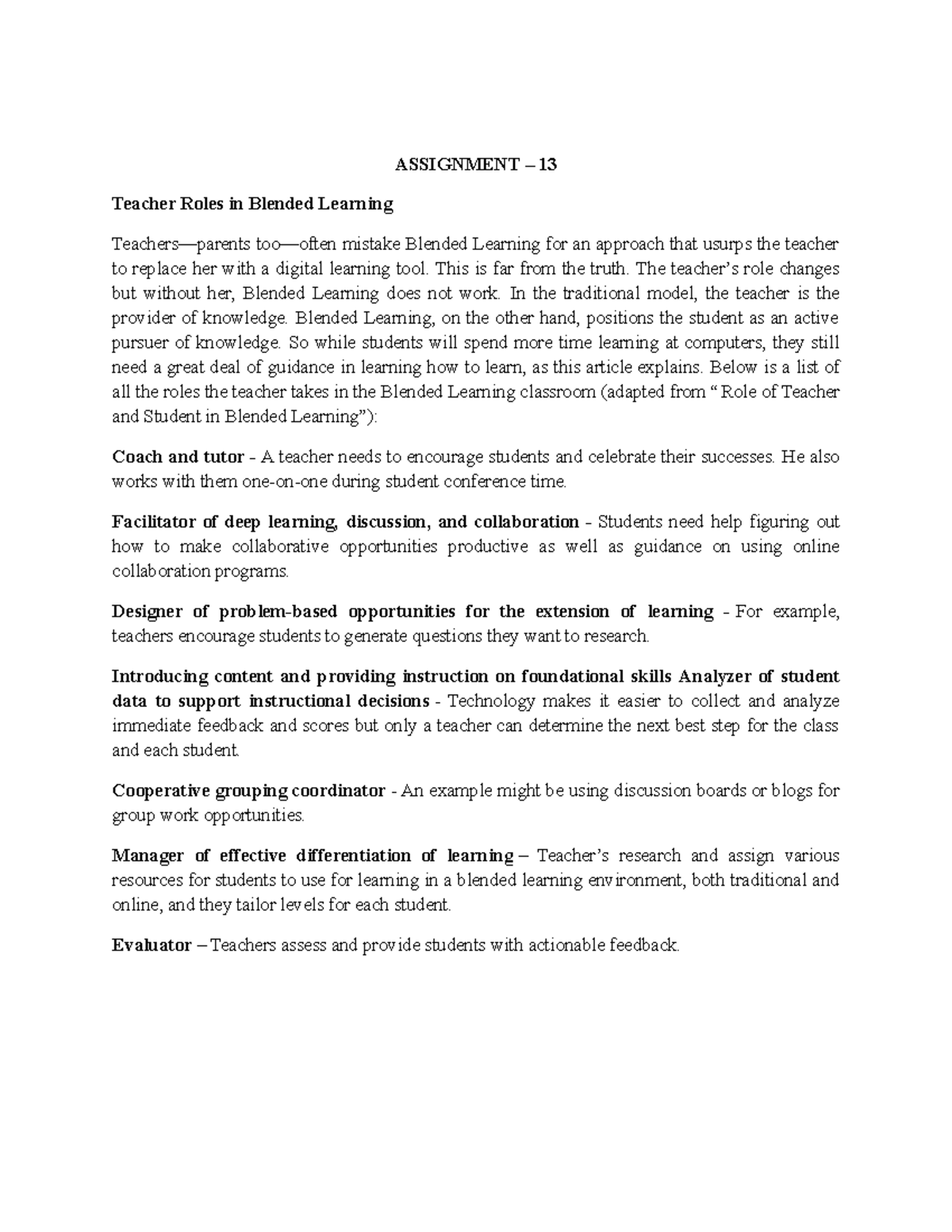 AWAD2244@13 - ASSIGNMENT – 13 Teacher Roles in Blended Learning ...