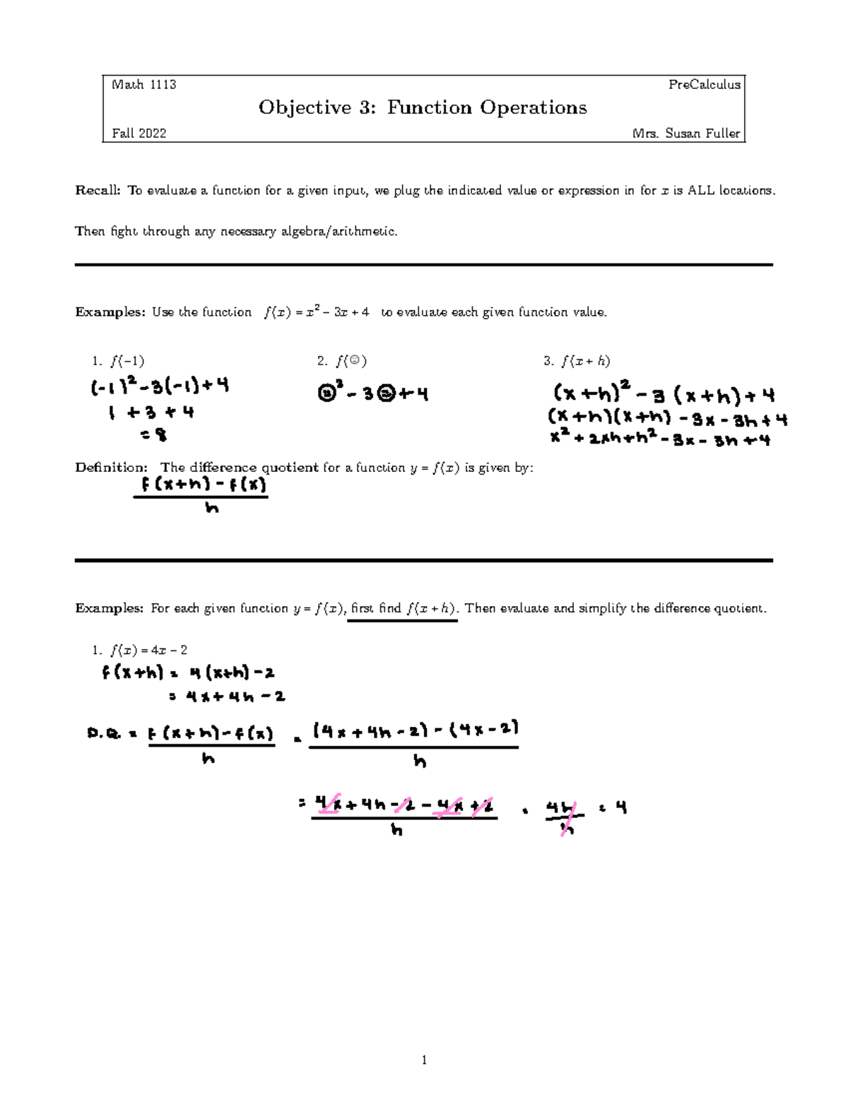 HW3 - Notes - Math 1113 PreCalculus Objective 3: Function Operations ...