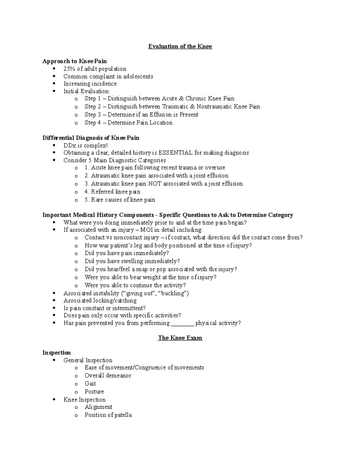 Evaluation of the Knee - Evaluation of the Knee Approach to Knee Pain ...