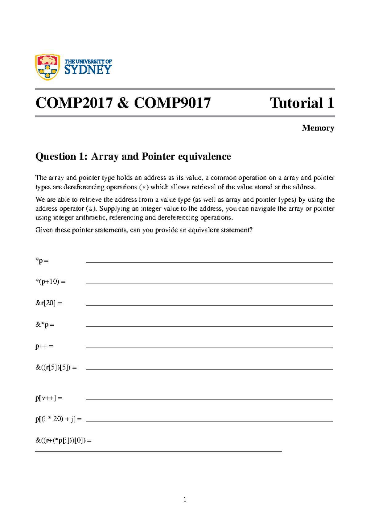 Extra tutorial questions on Memory ; COMP2017 - COMP2017 & COMP9017 Tutorial 1 Memory Question ...