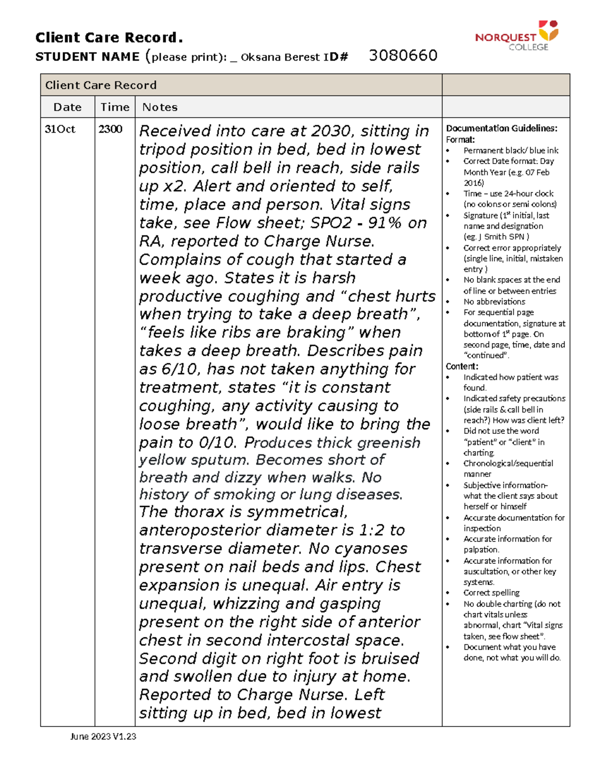 Respiratory Client Care Record with guidelines V1 - STUDENT NAME ...