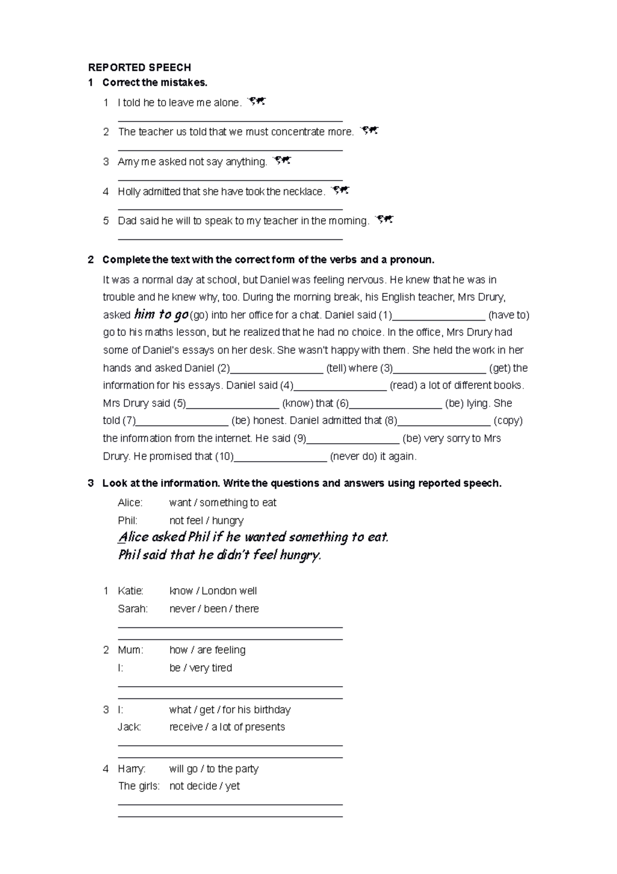 Reported speech exercises with answers - REPORTED SPEECH 1 Correct the ...