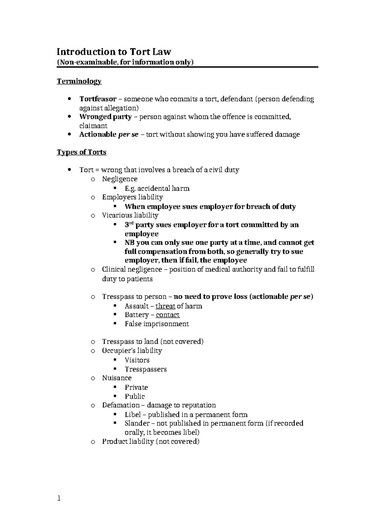 01 Introduction - Introduction to Tort Law (Non-examinable, for ...