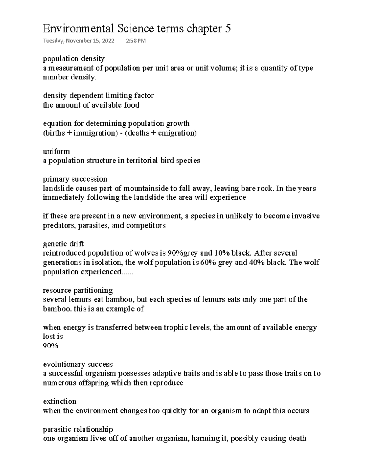 Environmental Science Chapter 5 terms - population density a ...