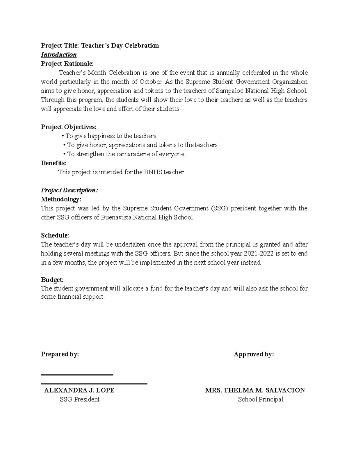 Project Proposal Of SSG President Project Title Teacher s Day