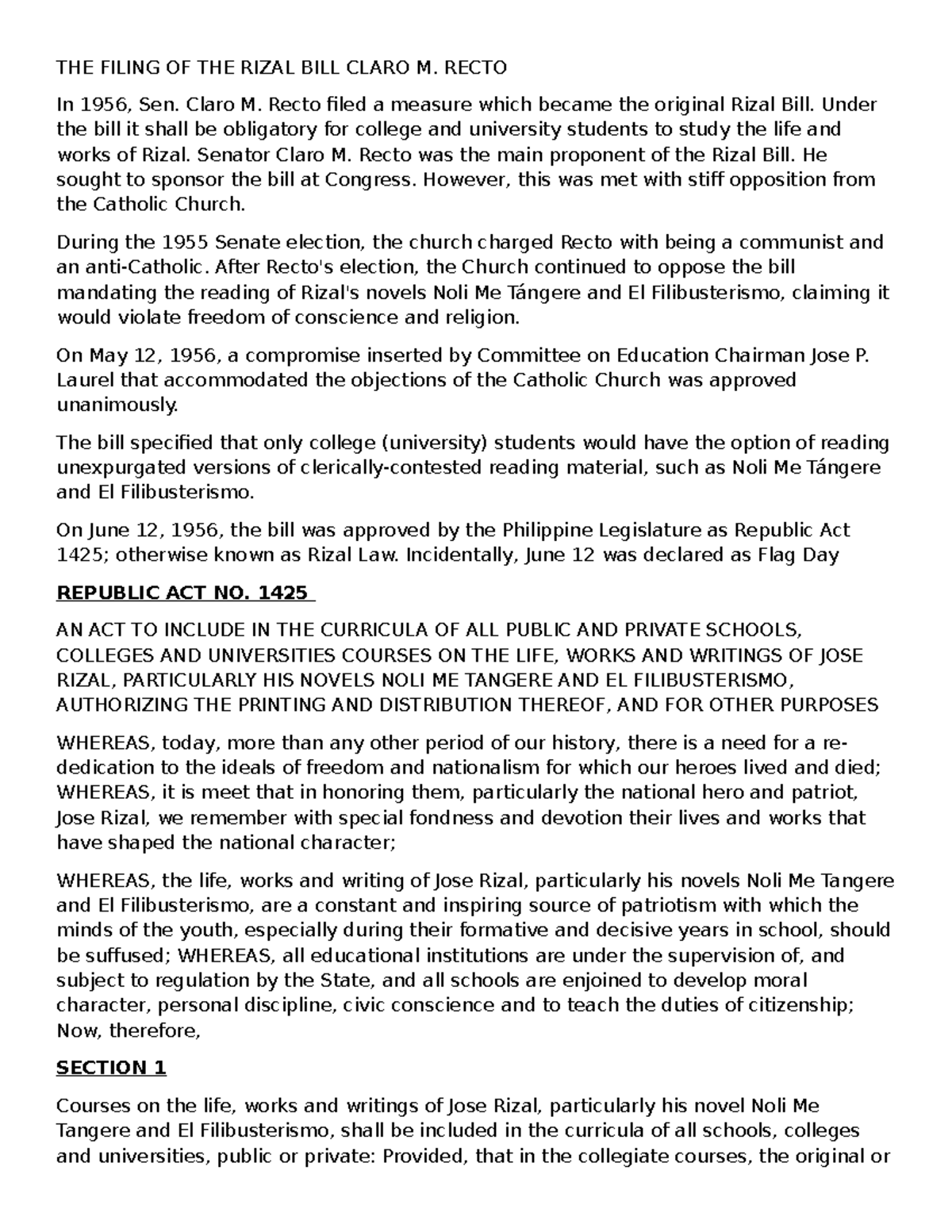Rizal LAW - THE FILING OF THE RIZAL BILL CLARO M. RECTO In 1956, Sen ...