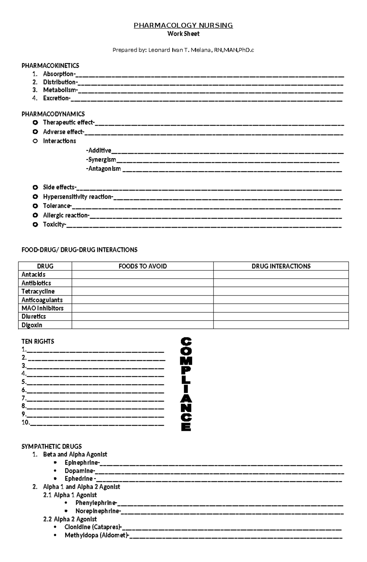 Pharmacology-Worksheet - PHARMACOLOGY NURSING Work Sheet Prepared by ...