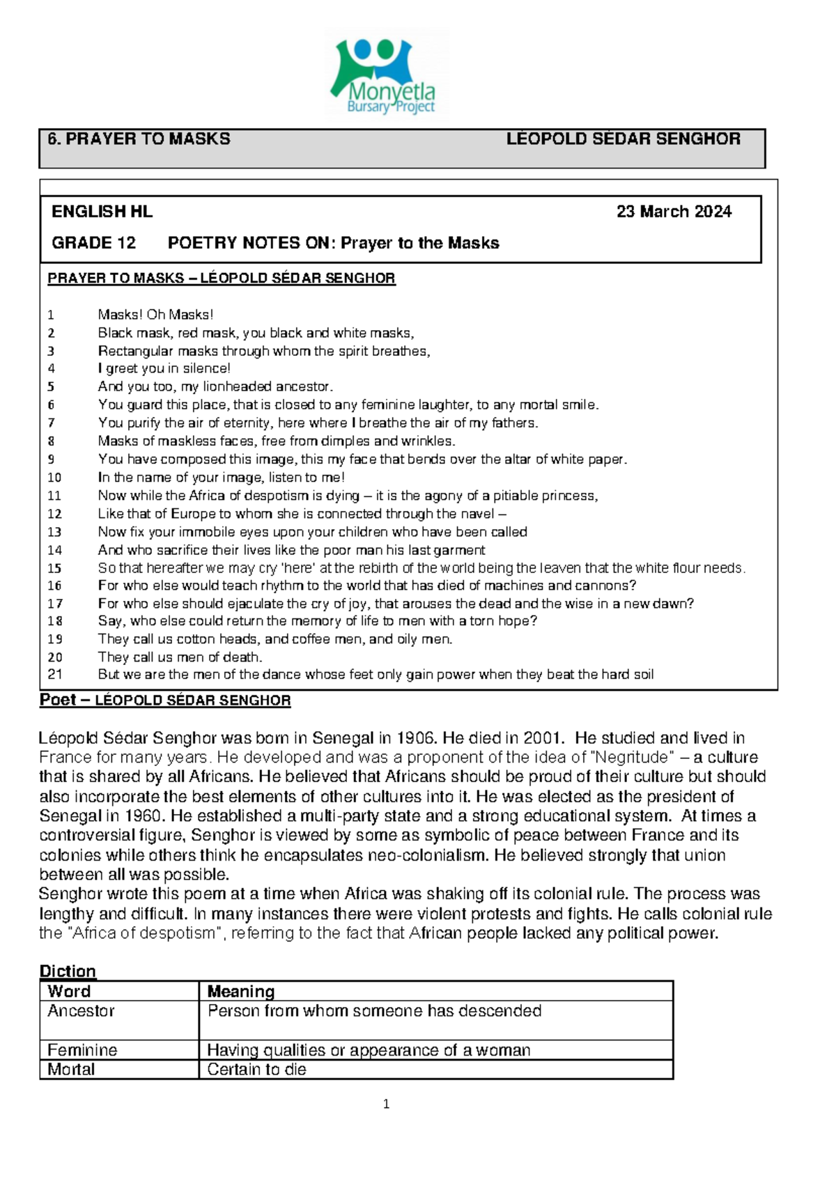 english home language - 6. PRAYER TO MASKS LÉOPOLD SÉDAR SENGHOR Poet ...