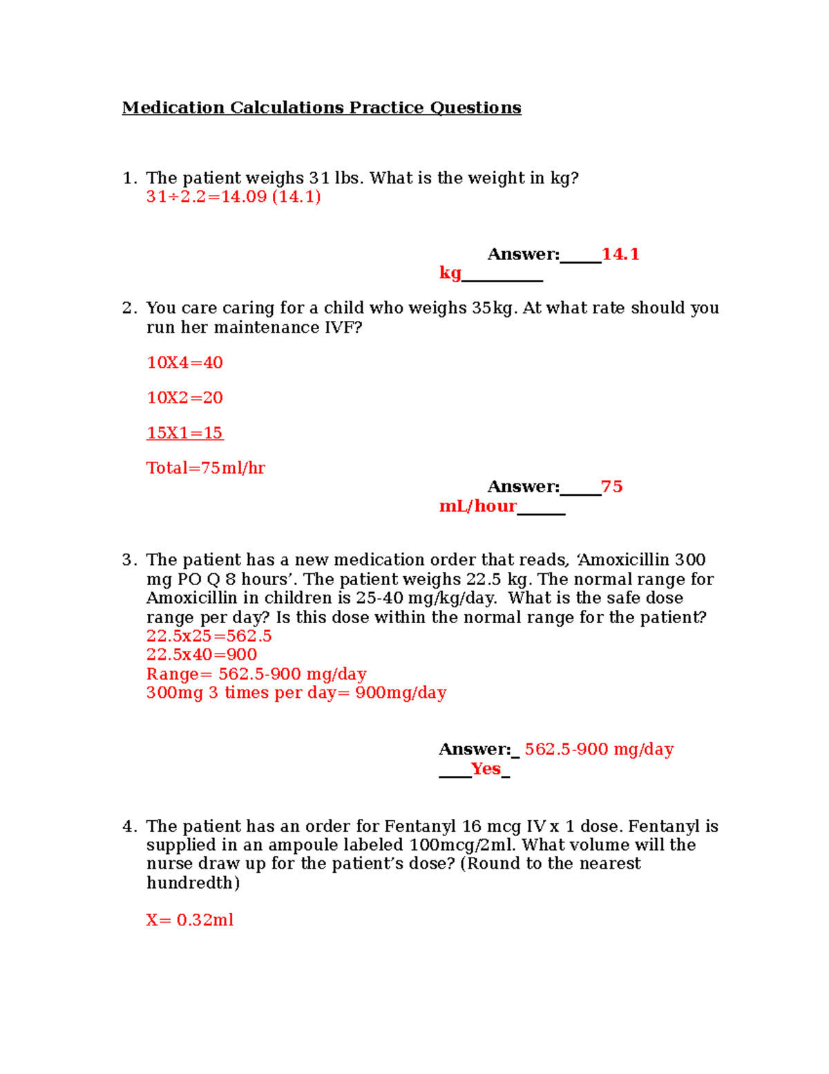 Math practice 1 with answers - Medication Calculations Practice ...