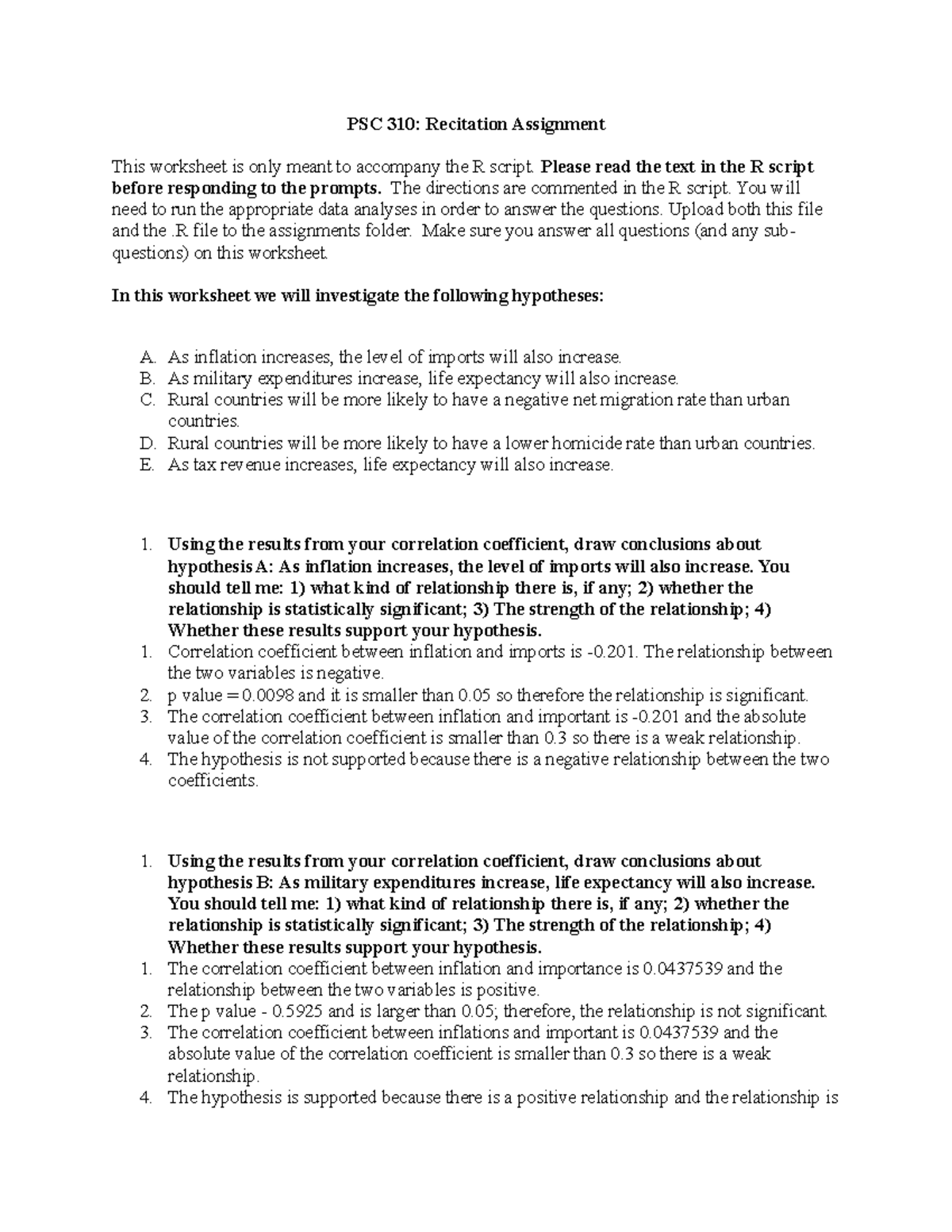Psc310 Recitation Worksheet 1 Psc 310 Recitation Assignment This Worksheet Is Only Meant To