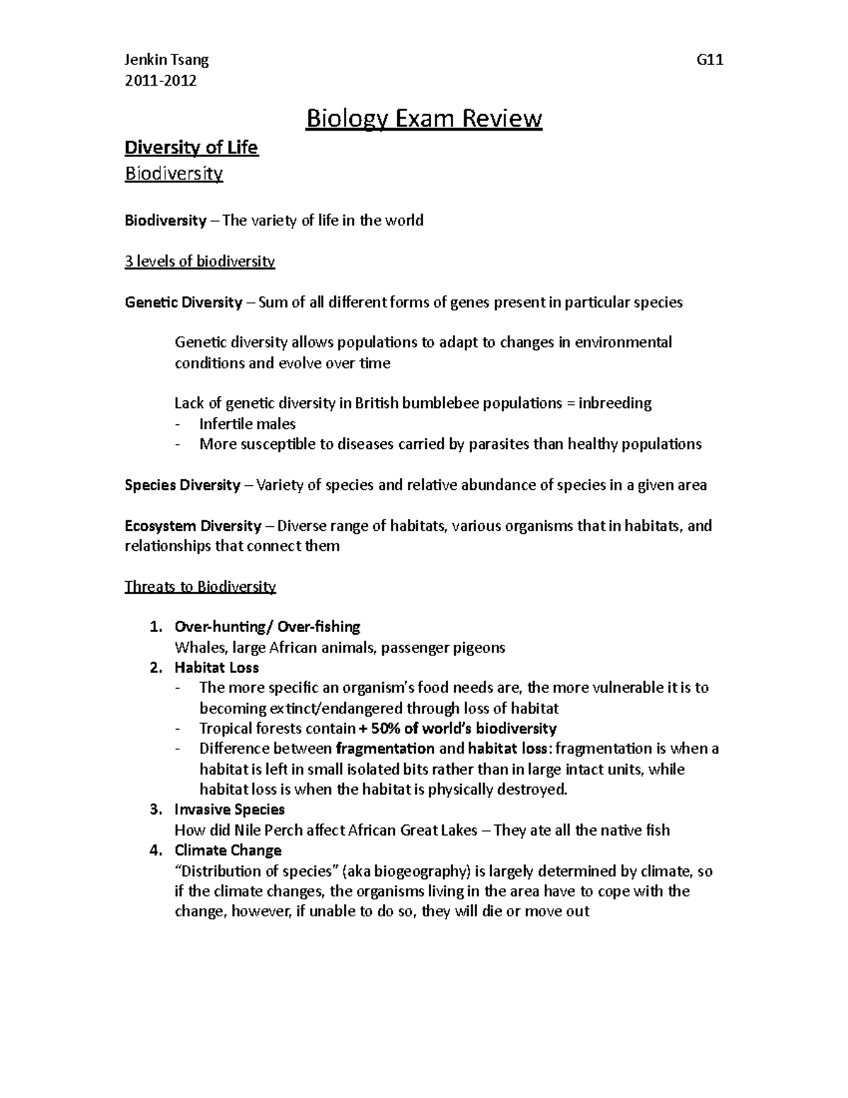 Biology 1000 Exam Review 11 - 2011- Biology Exam Review Diversity of ...