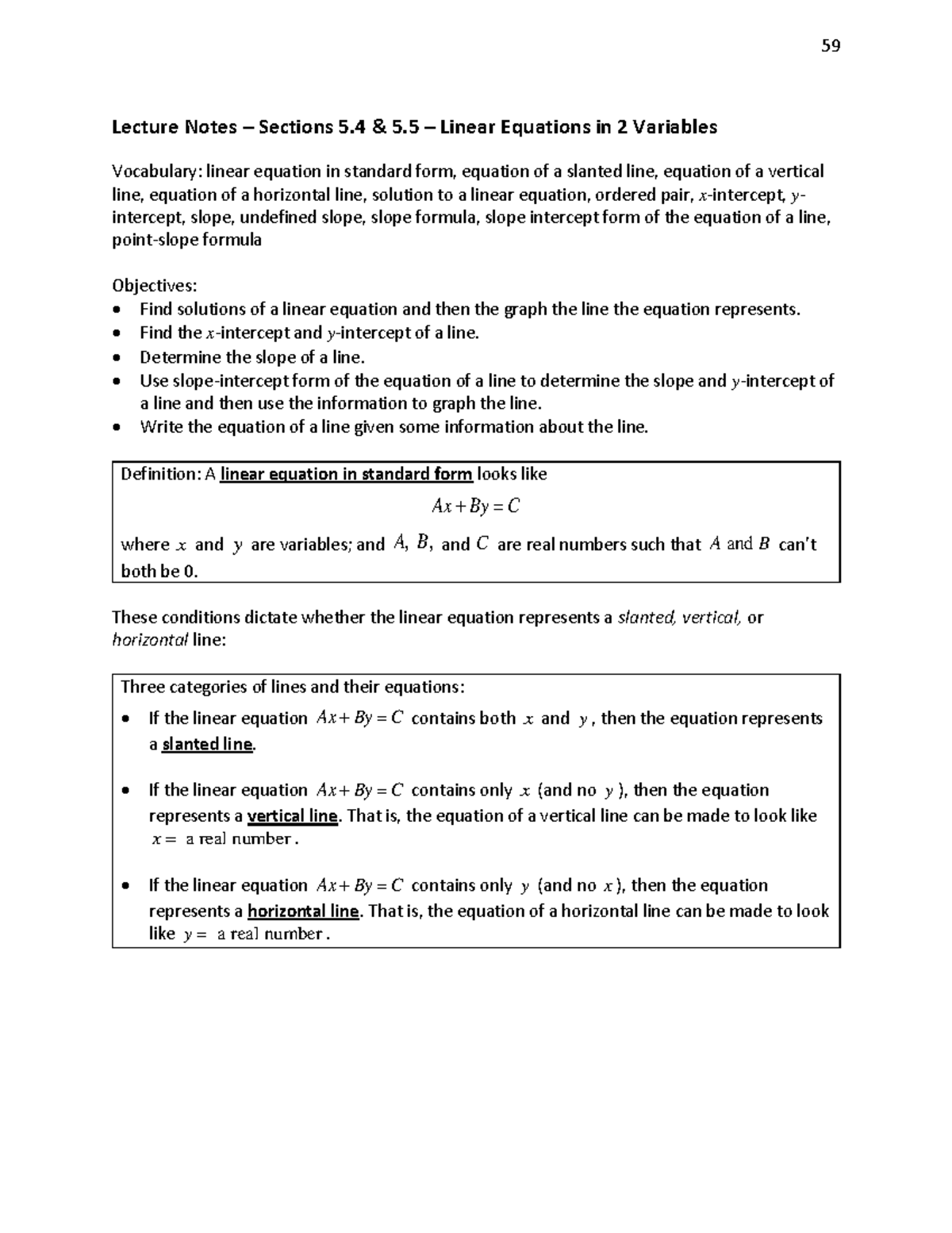 M1105c 54 And 55 Ln Linear Equations In 2 Variables W Pg Nums Lecture Notes Sections 5 And 5