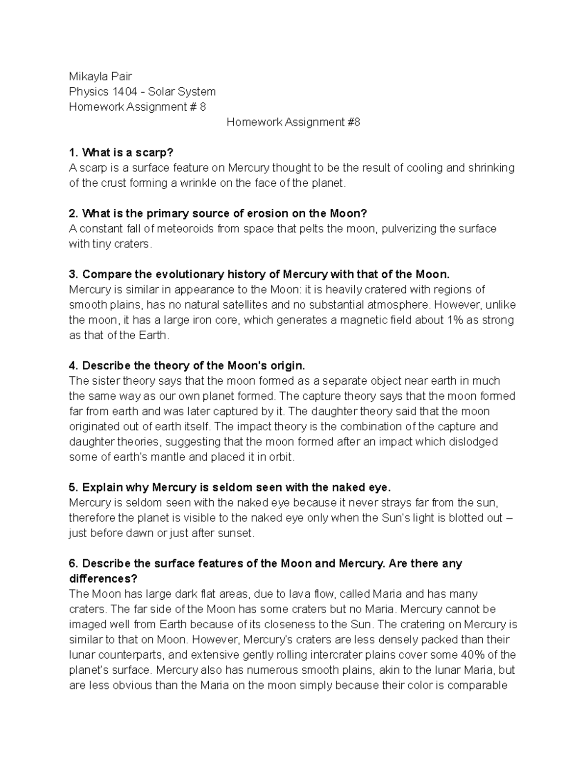 Homework Assignment #8 - Mikayla Pair Physics 1404 - Solar System ...