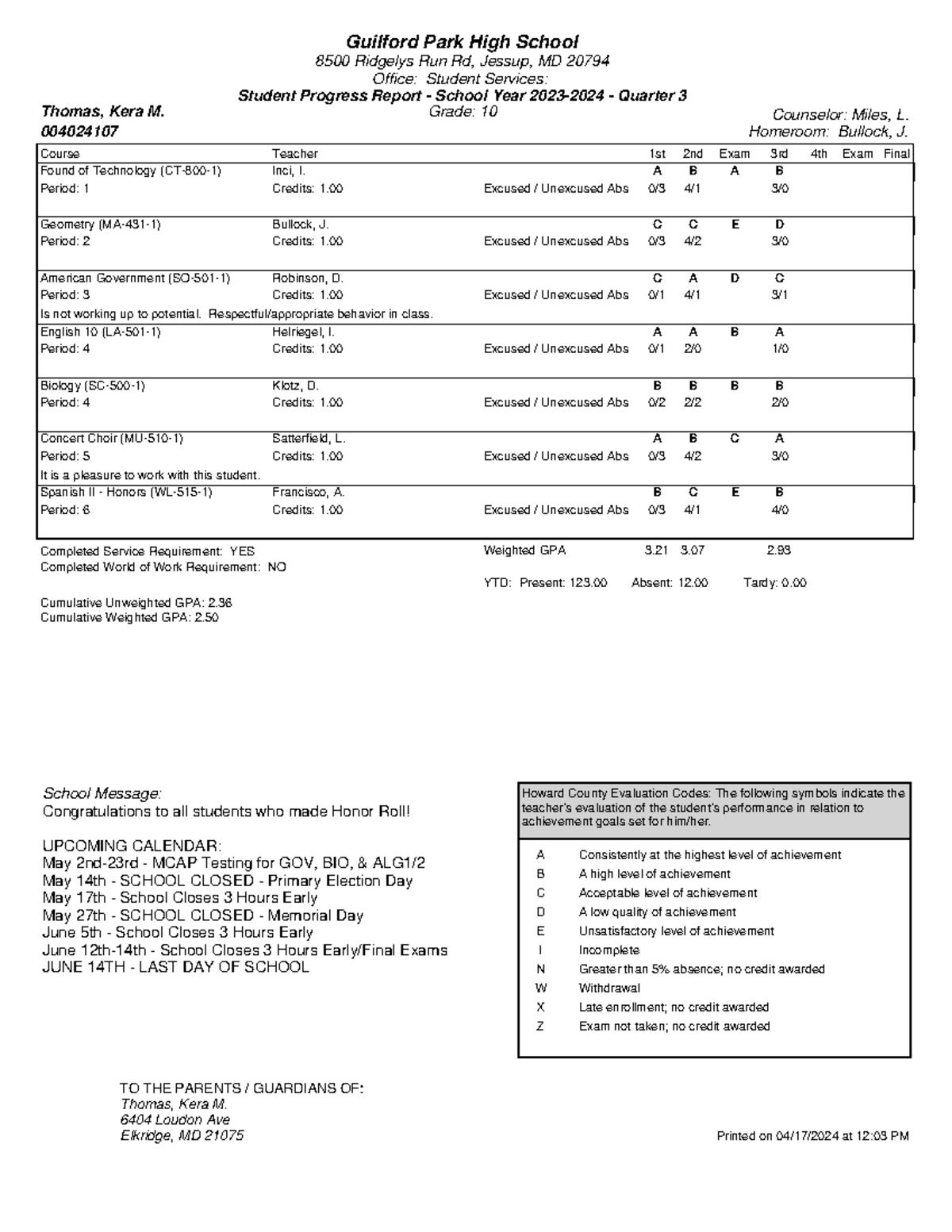 2023-2024 Q3 Report Card - Guilford Park High School 8500 Ridgelys Run ...