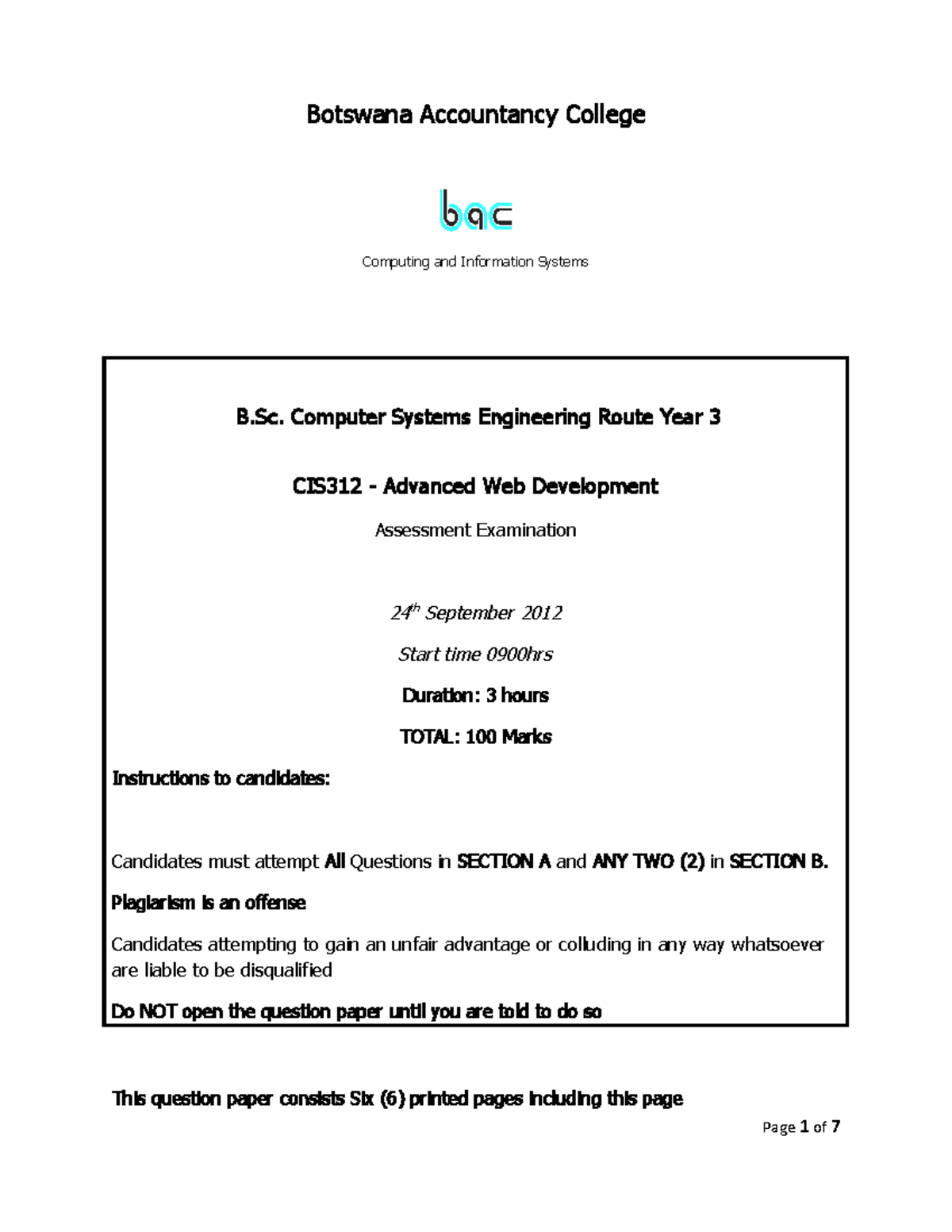 AWD Assessment Exam 2012 Sept - Botswana Accountancy College Computing ...