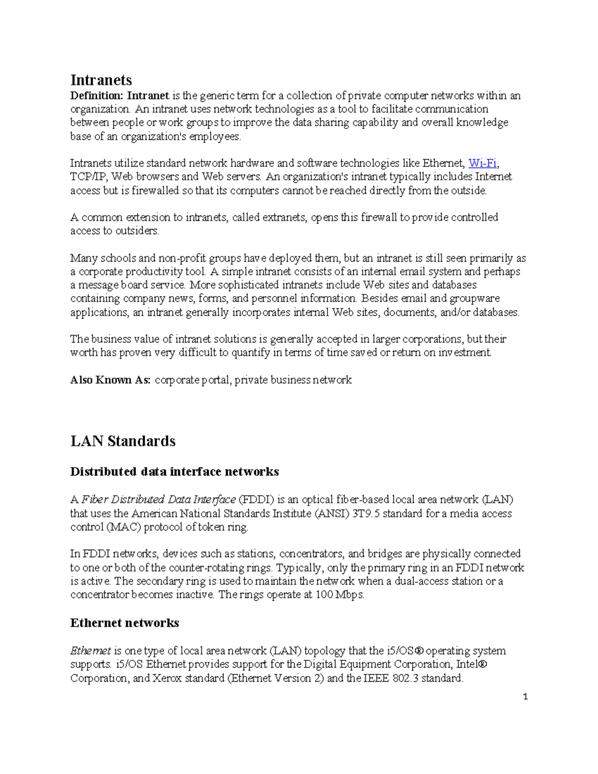 Introduction to LAN Standards - Intranets Definition: Intranet is the ...