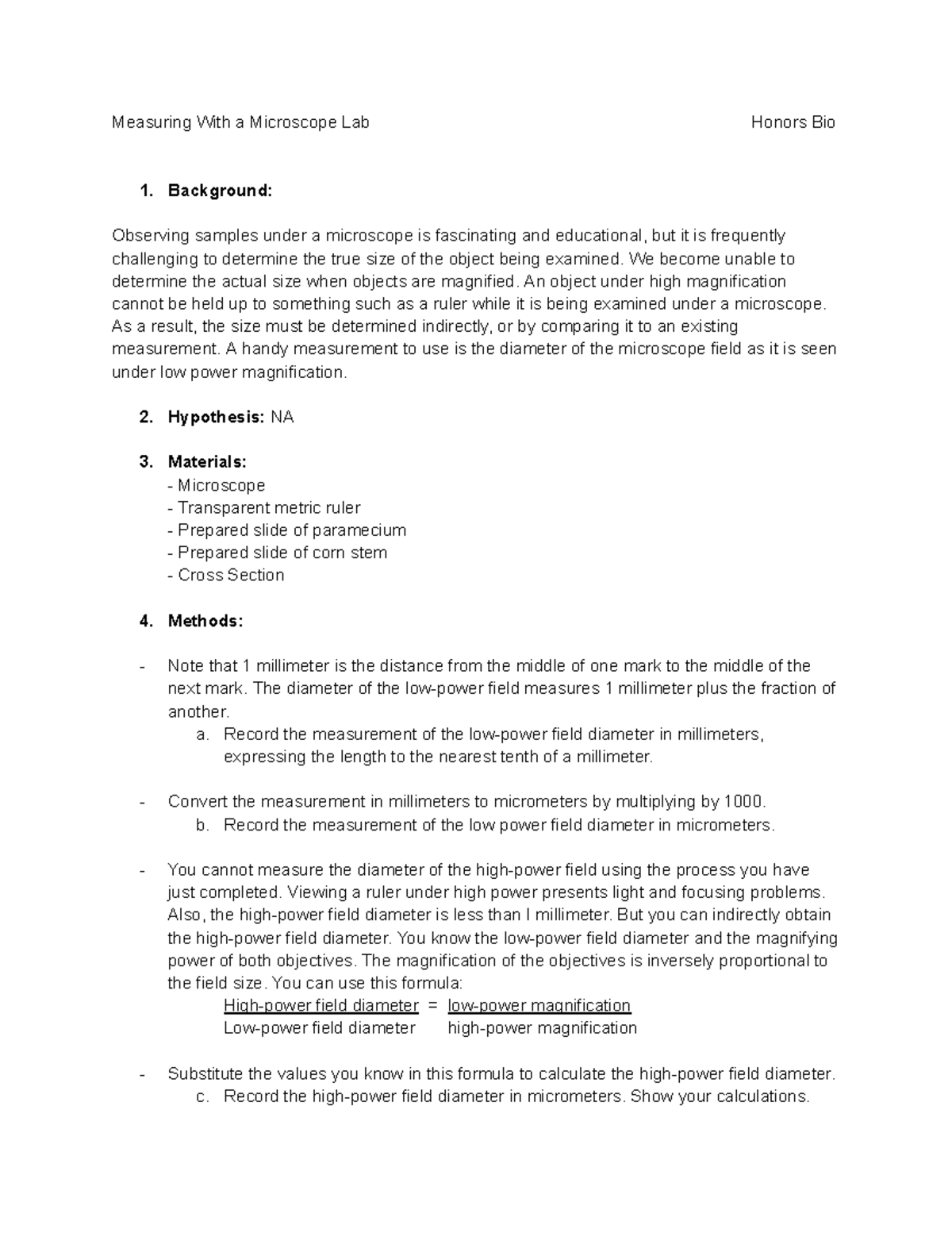 Measuring With a Microscope Lab wtrite up - Measuring With a Microscope ...