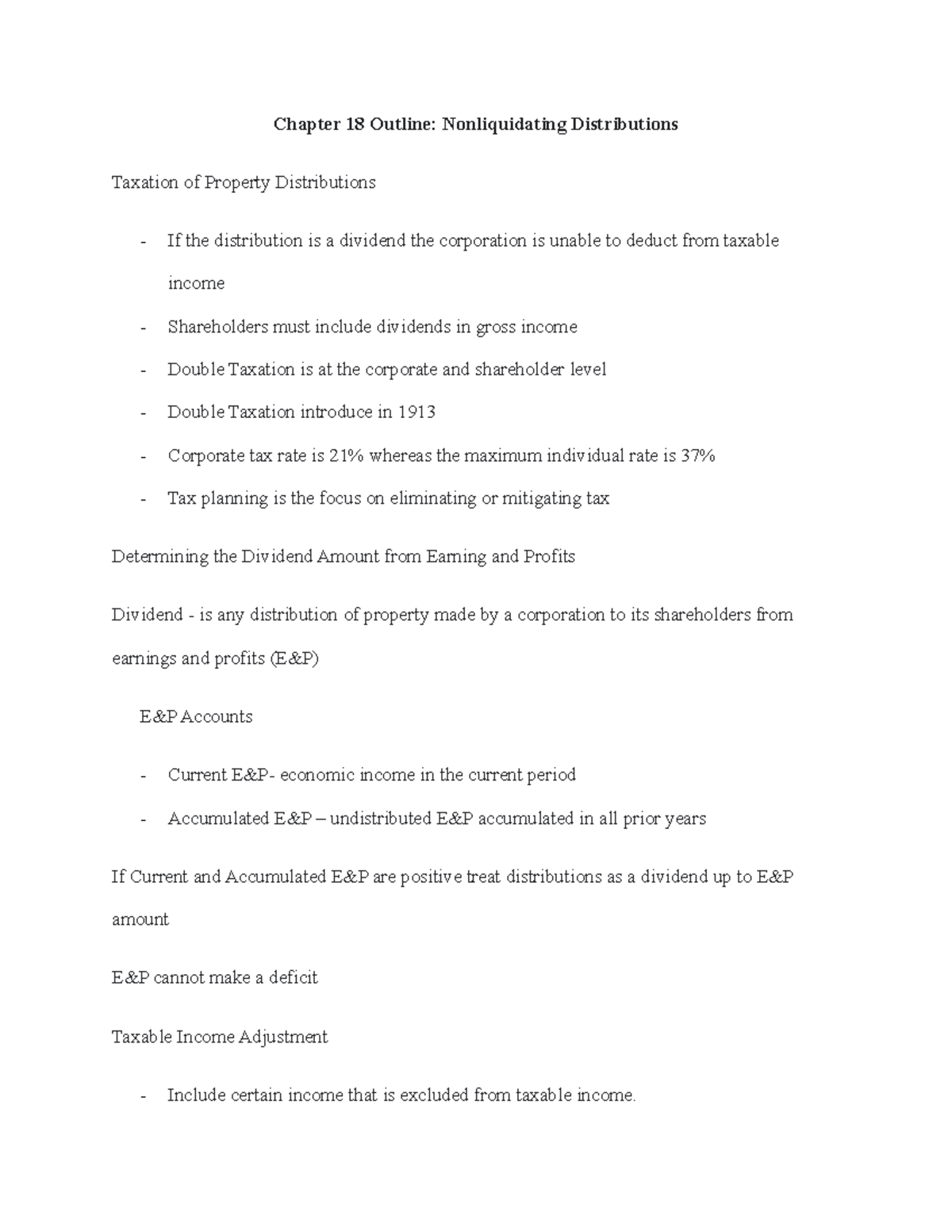 Outline ch 18 - Chapter 18 Outline: Nonliquidating Distributions ...