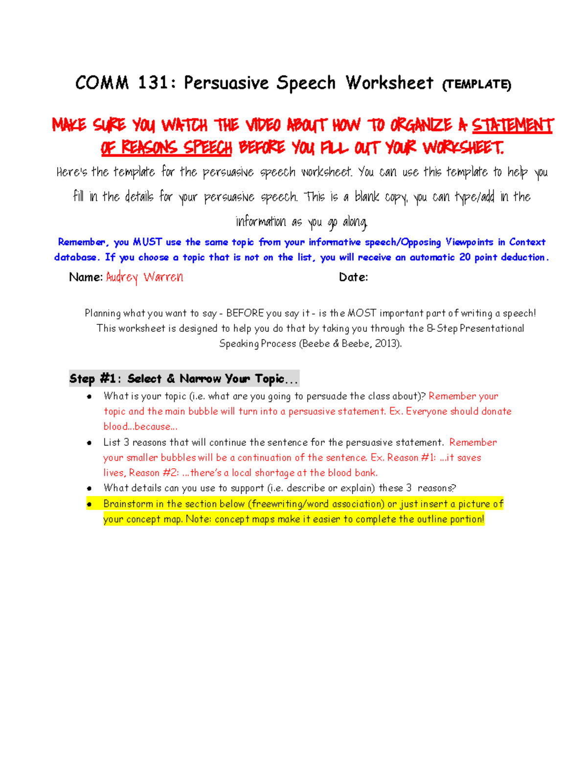 Audrey Warren Persuasive Speech Worksheet ( Template) - COMM 131 ...