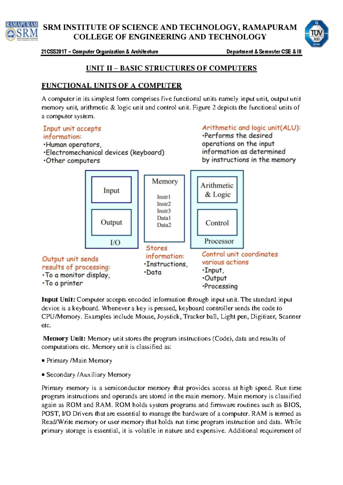 COA UNIT II Notes - COLLEGE OF ENGINEERING AND TECHNOLOGY 21CSS201T ...