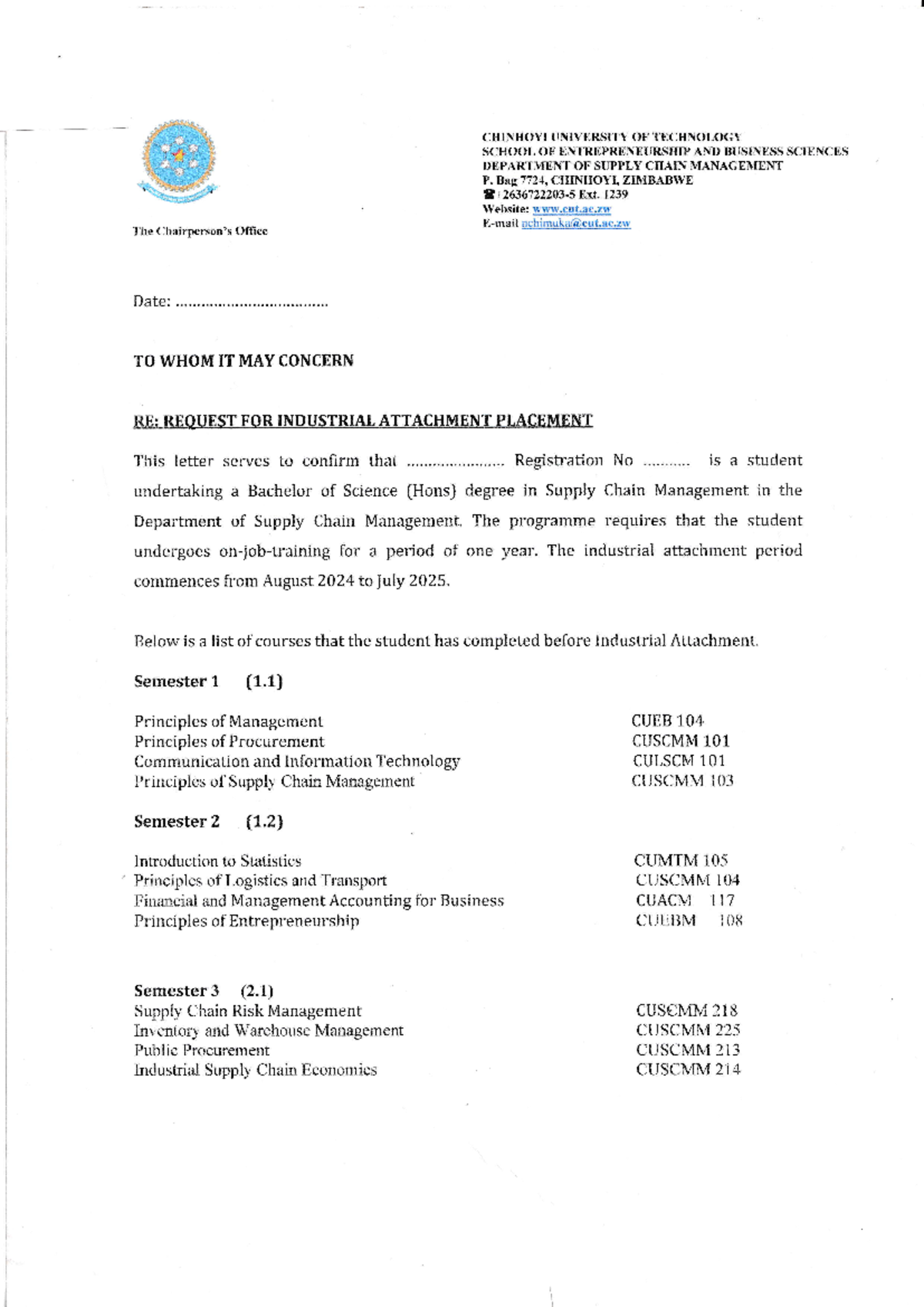 Attachment letter by D - NON - Ndebele for beginners - Studocu