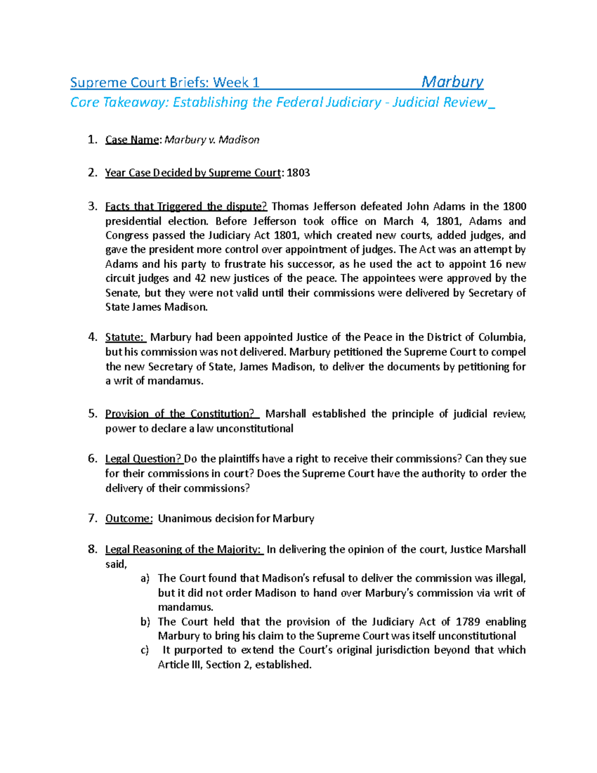 Supreme Court Briefs- Marbury - Supreme Court Briefs: Week 1 Marbury ...