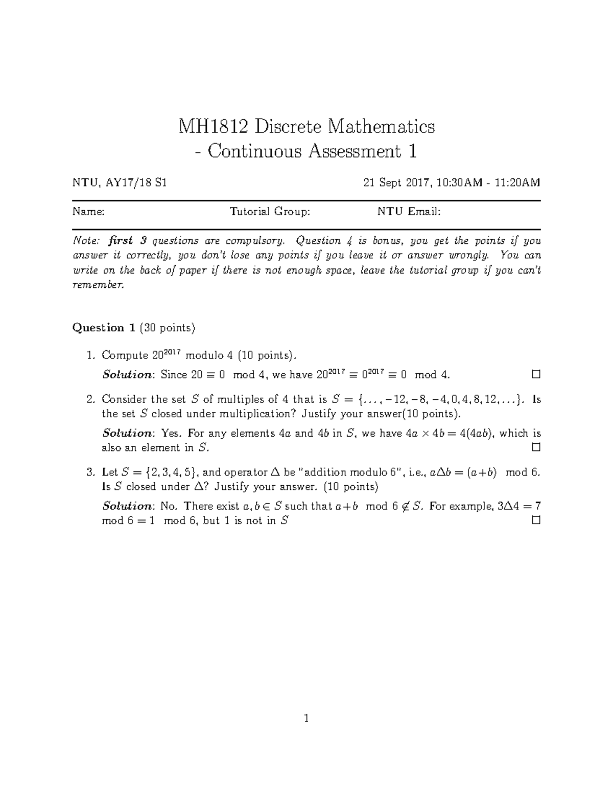 Exam 2017, answers - MH1812 Discrete Mathematics - Continuous Assessment 1 NTU, AY17/18 S1 21 ...