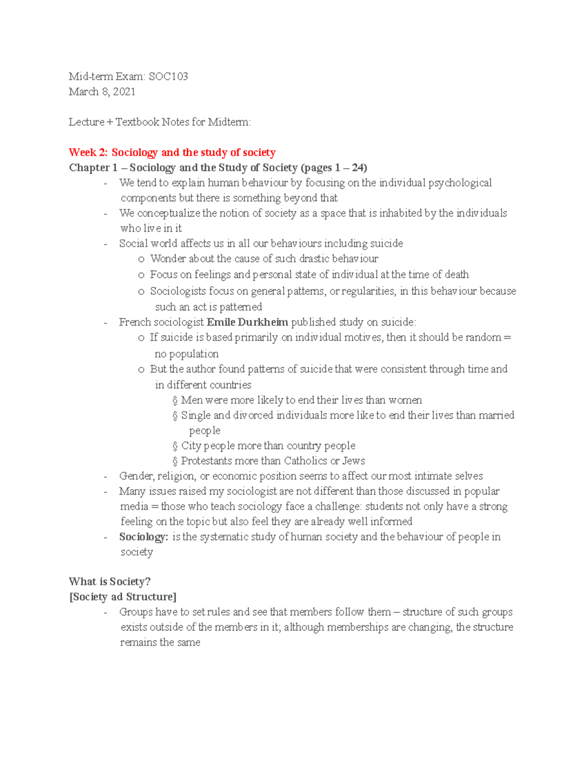 SOC 103 Midterm Exam Notes - Mid-term Exam: SOC March 8, 2021 Lecture ...