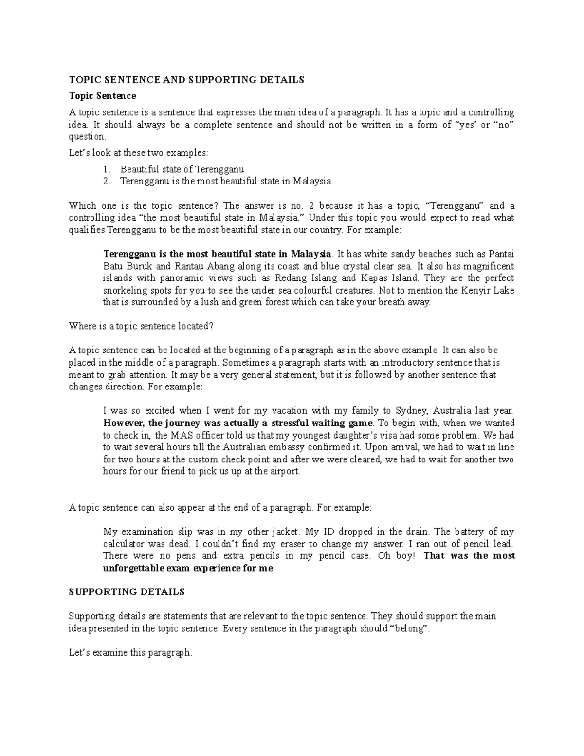 Lecture Topic Sentence & Supporting Details - TOPIC SENTENCE AND ...